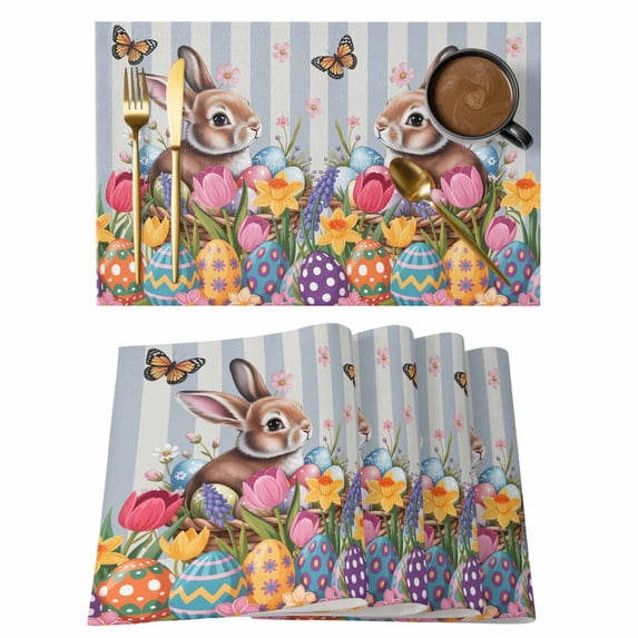 Easter Rabbit Placemats Set of 6, Spring Basket Eggs Bunny Floral Blue ...