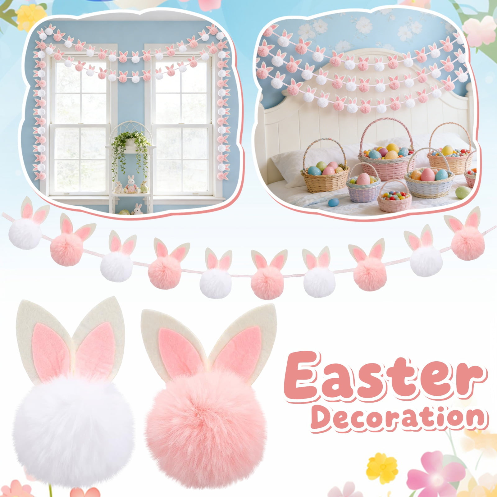 Easter Rabbit Pom Pom Garland - Spring Decorations Easter Decorations 8 ...