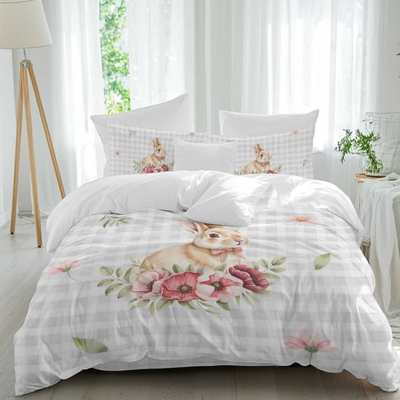 Easter Rabbit Queen Size Comforter Set, Spring Pink Red Floral Falling ...