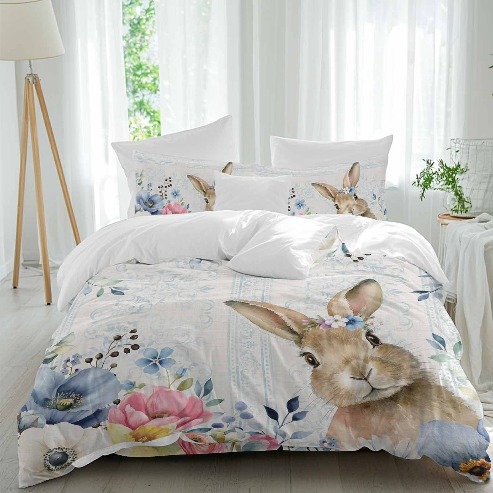 Easter Rabbit Queen Size Comforter Set, Vintage White Pink Blue Leaf ...