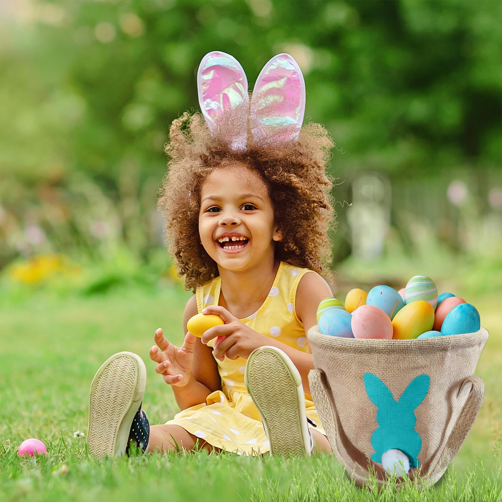 Easter Rabbit Round Bucket Tote Bag Linen Gift Bag with Bunny Design ...