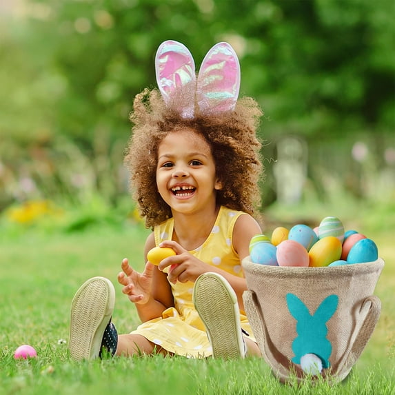 Easter Rabbit Round Bucket Tote Bag Linen Gift Bag with Bunny Design ...