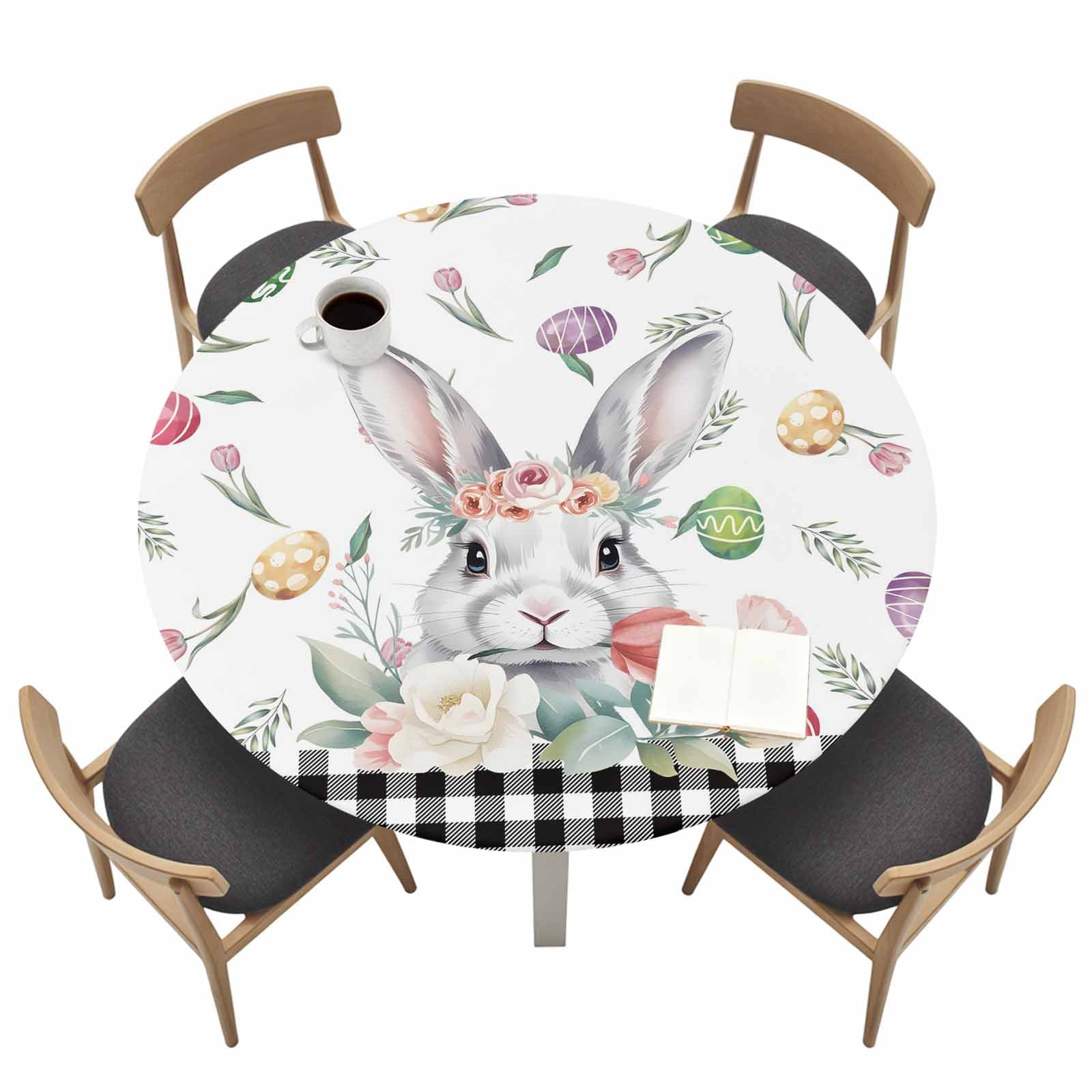 Easter Rabbit Round Fitted Tablecloth with Elastic Edge Easter Eggs ...