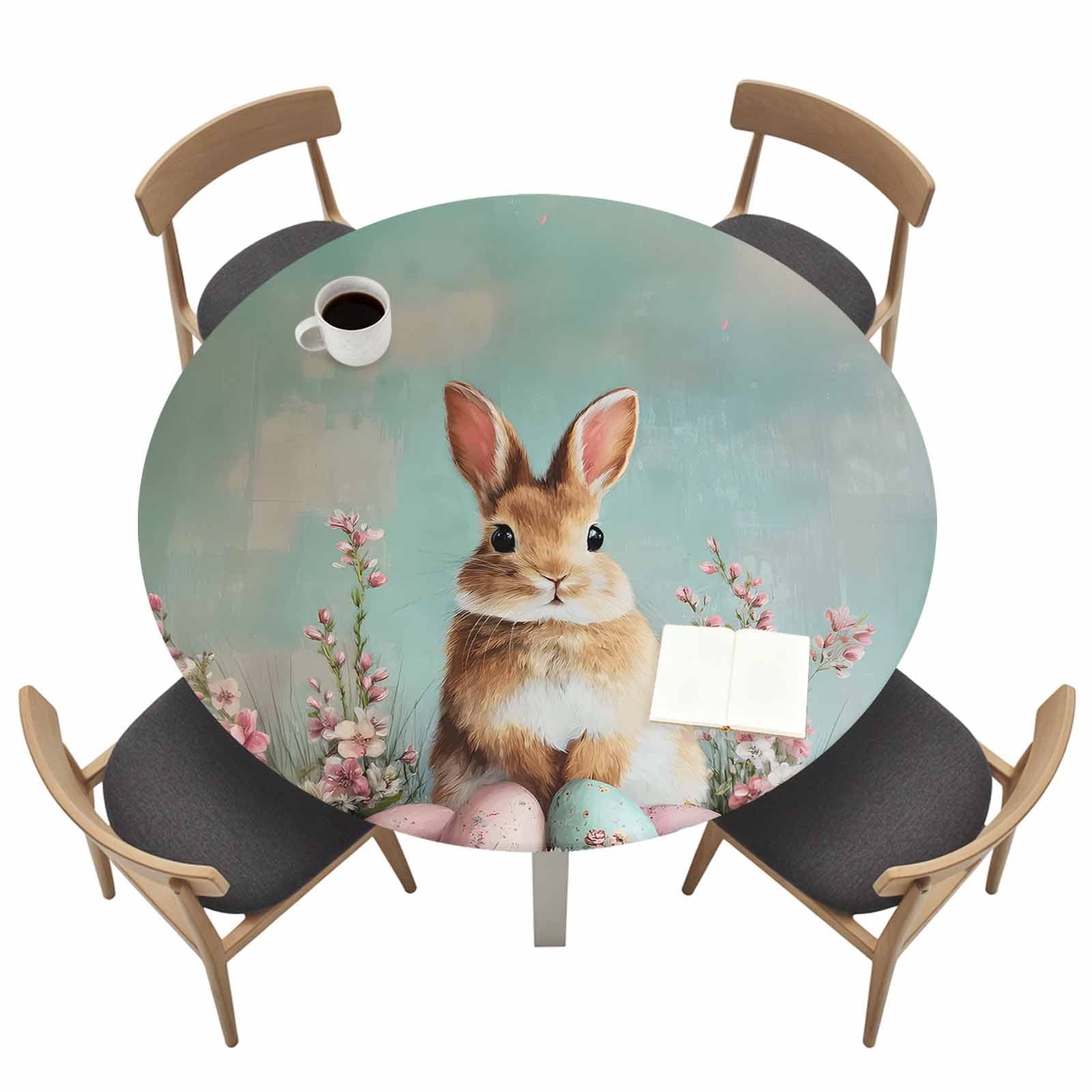 Easter Rabbit Round Fitted Tablecloth with Elastic Edge Spring Bunny ...