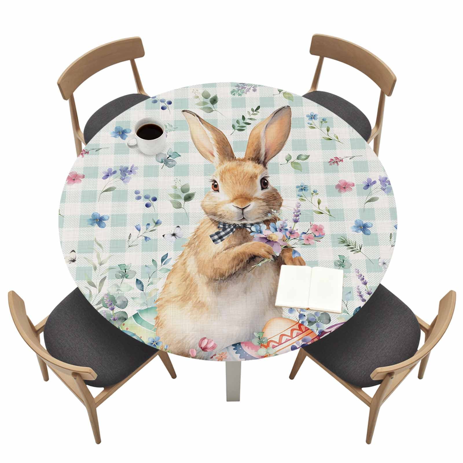 Easter Rabbit Round Fitted Tablecloth with Elastic Edge Spring Colorful ...