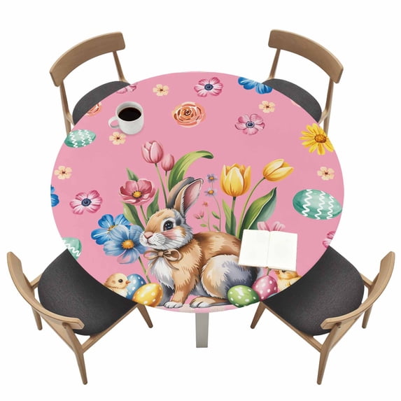 Easter Rabbit Round Fitted Tablecloth with Elastic Edge Spring Floral ...