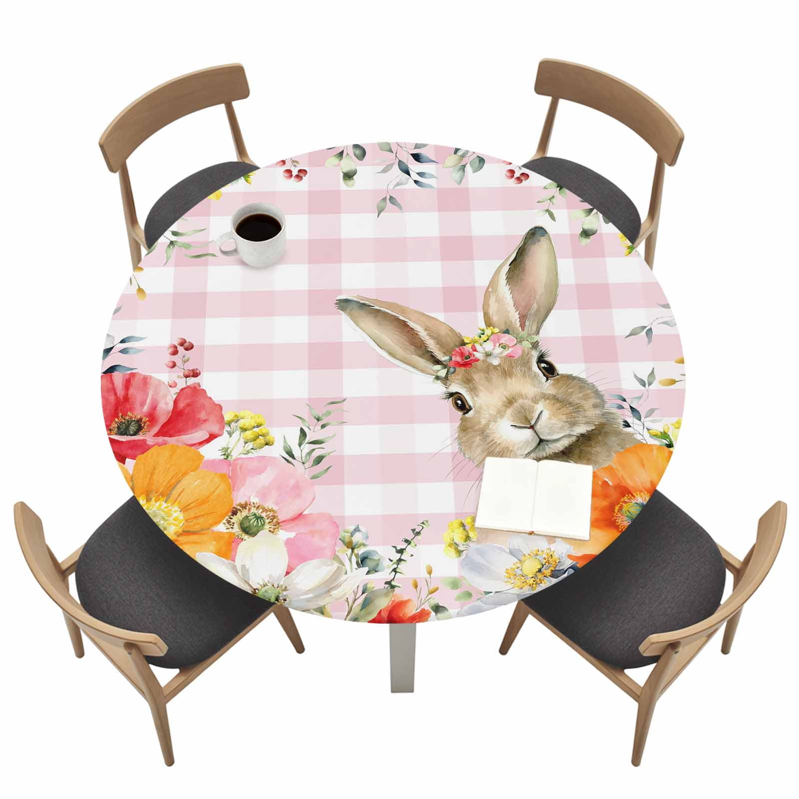 Easter Rabbit Round Fitted Tablecloth with Elastic Edge Spring Red ...