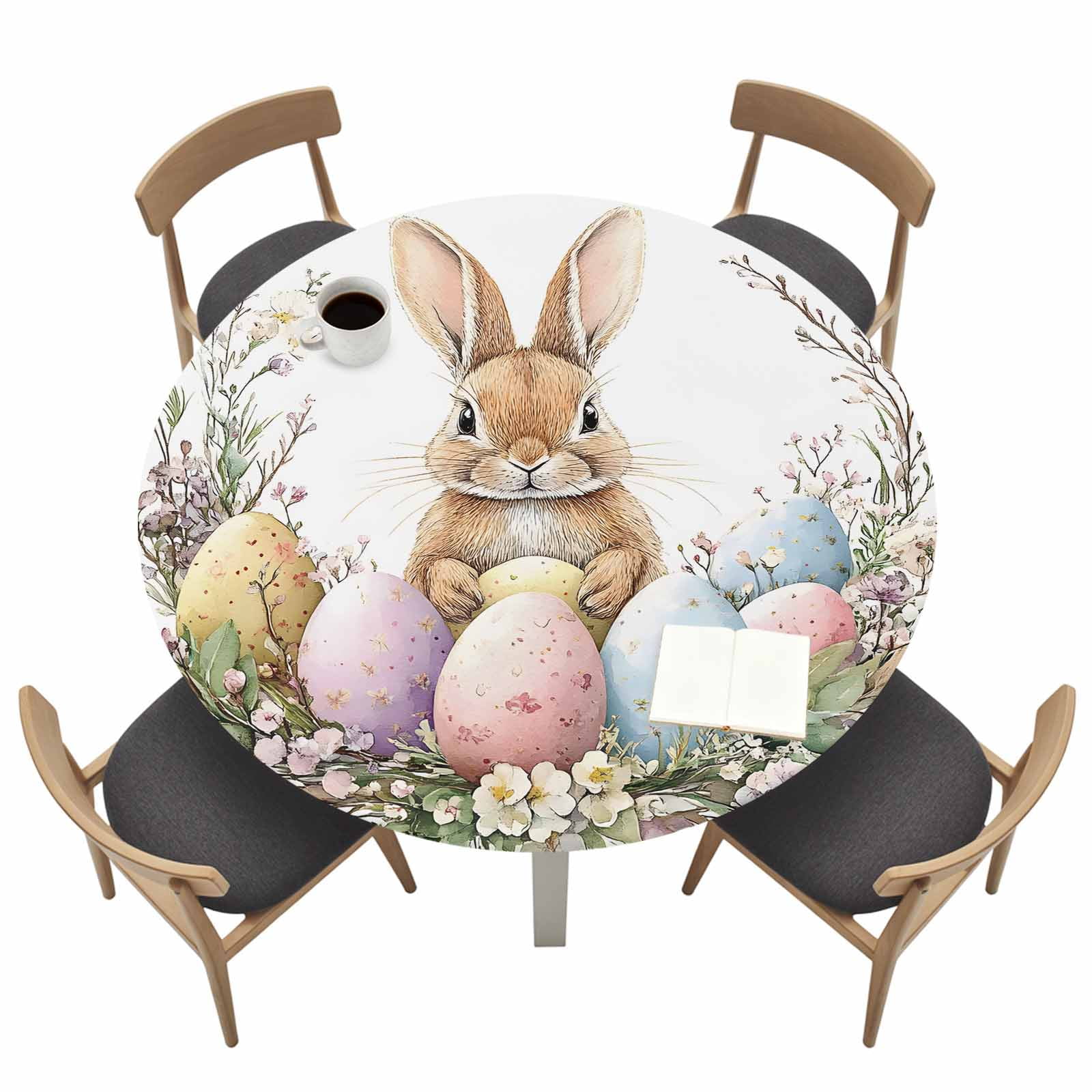Easter Rabbit Round Fitted Tablecloth with Elastic Edge Watercolor Cute ...