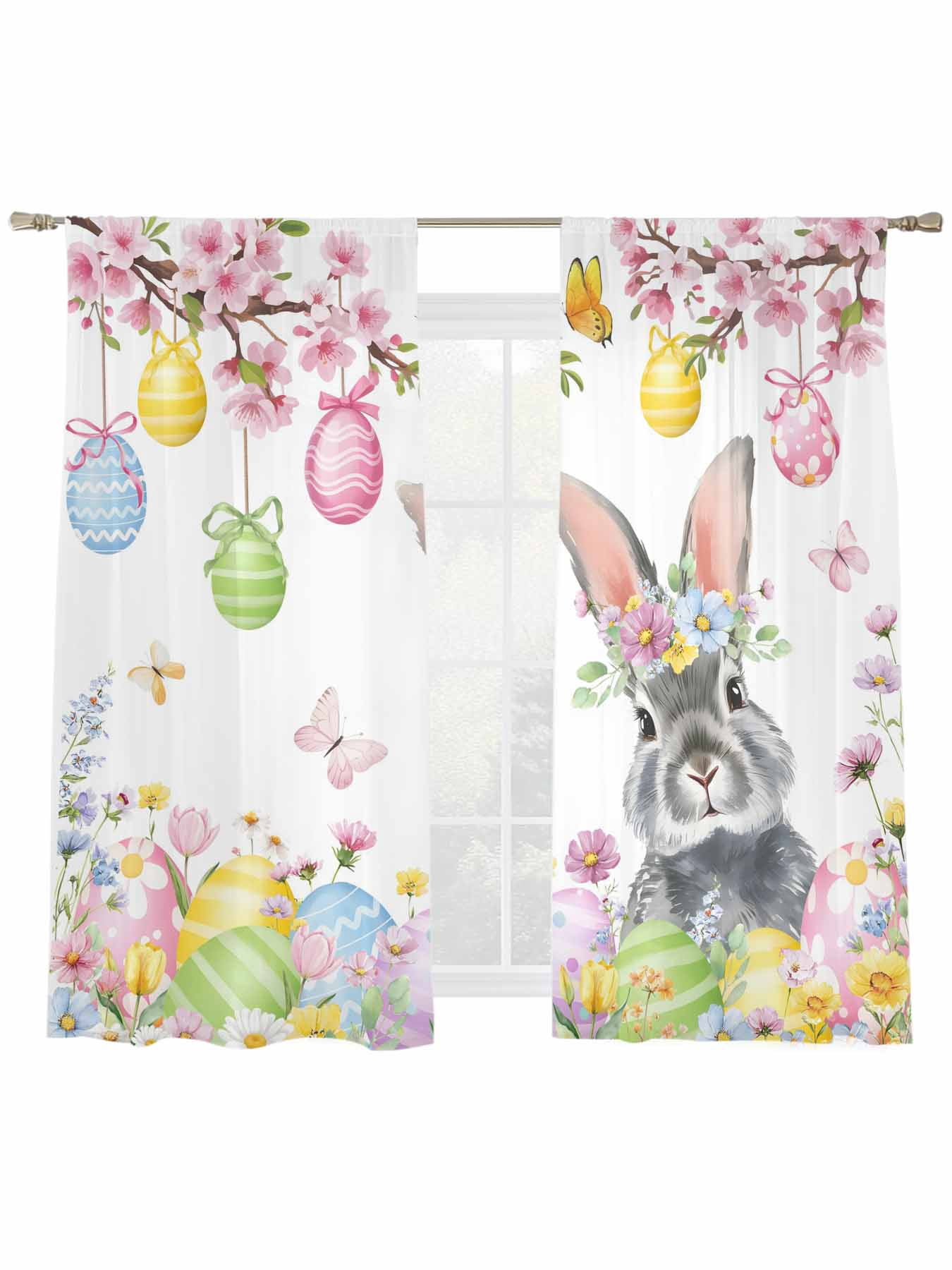 Easter Rabbit Sheer Curtains 2 Panels Set Colored Eggs Cute Bunny ...