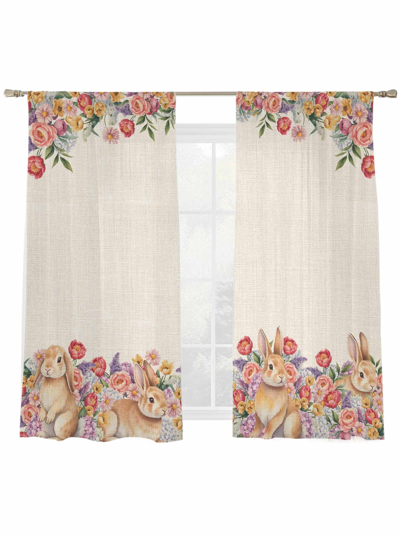 Easter Rabbit Sheer Curtains 2 Panels Set Flower Lavender Rose Spring ...