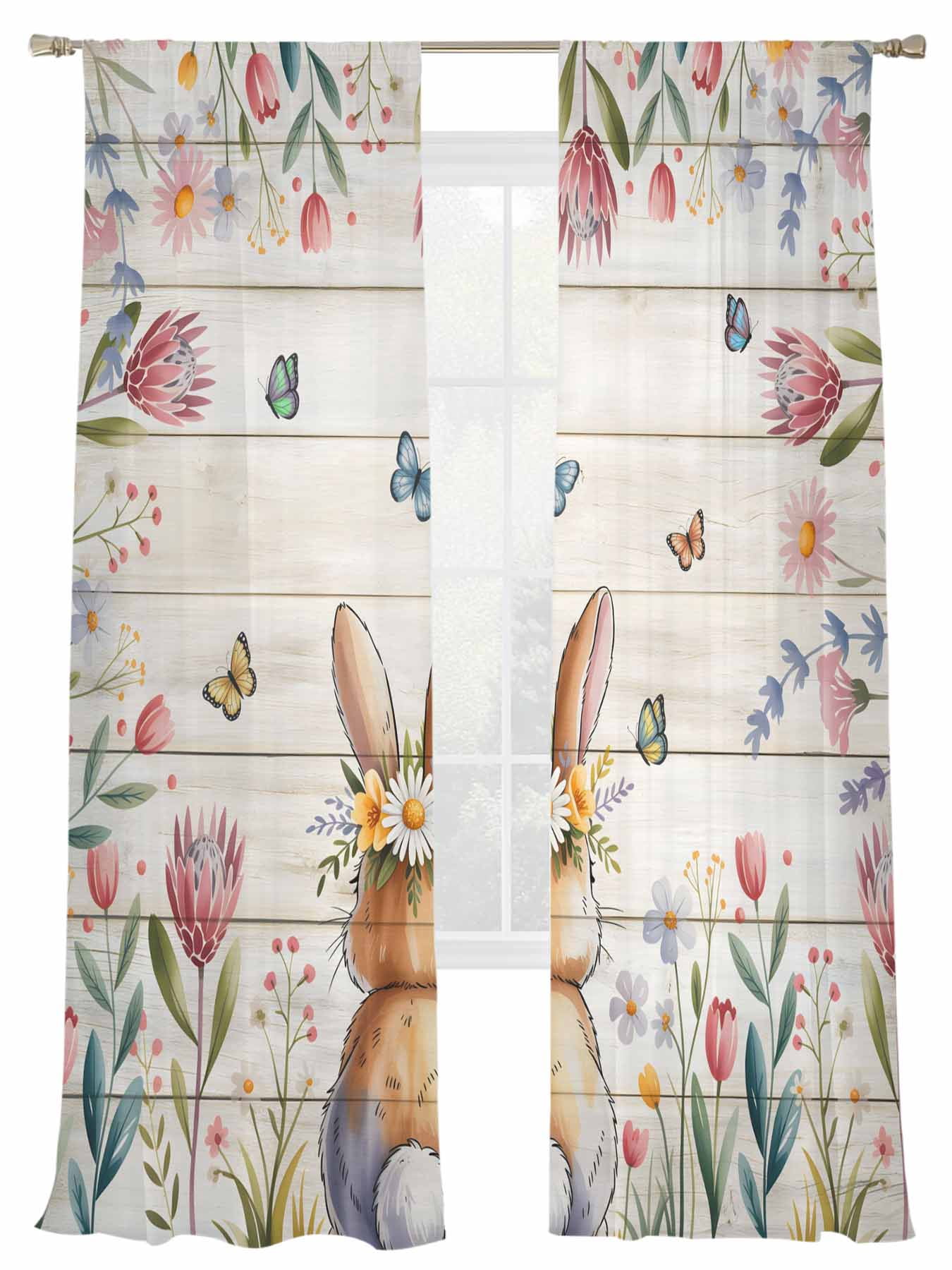 Easter Rabbit Sheer Curtains 2 Panels Set Spring Bunny Colored Floral ...