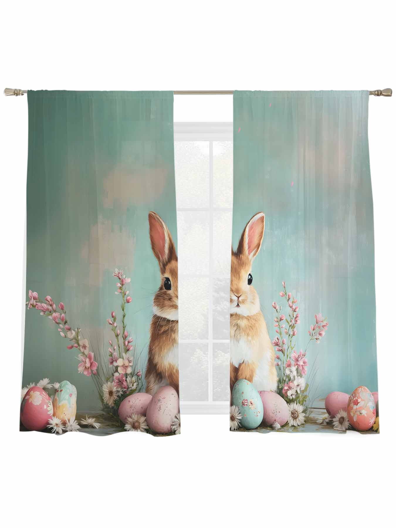 Easter Rabbit Sheer Curtains 2 Panels Set Spring Bunny Eggs Pink Floral ...
