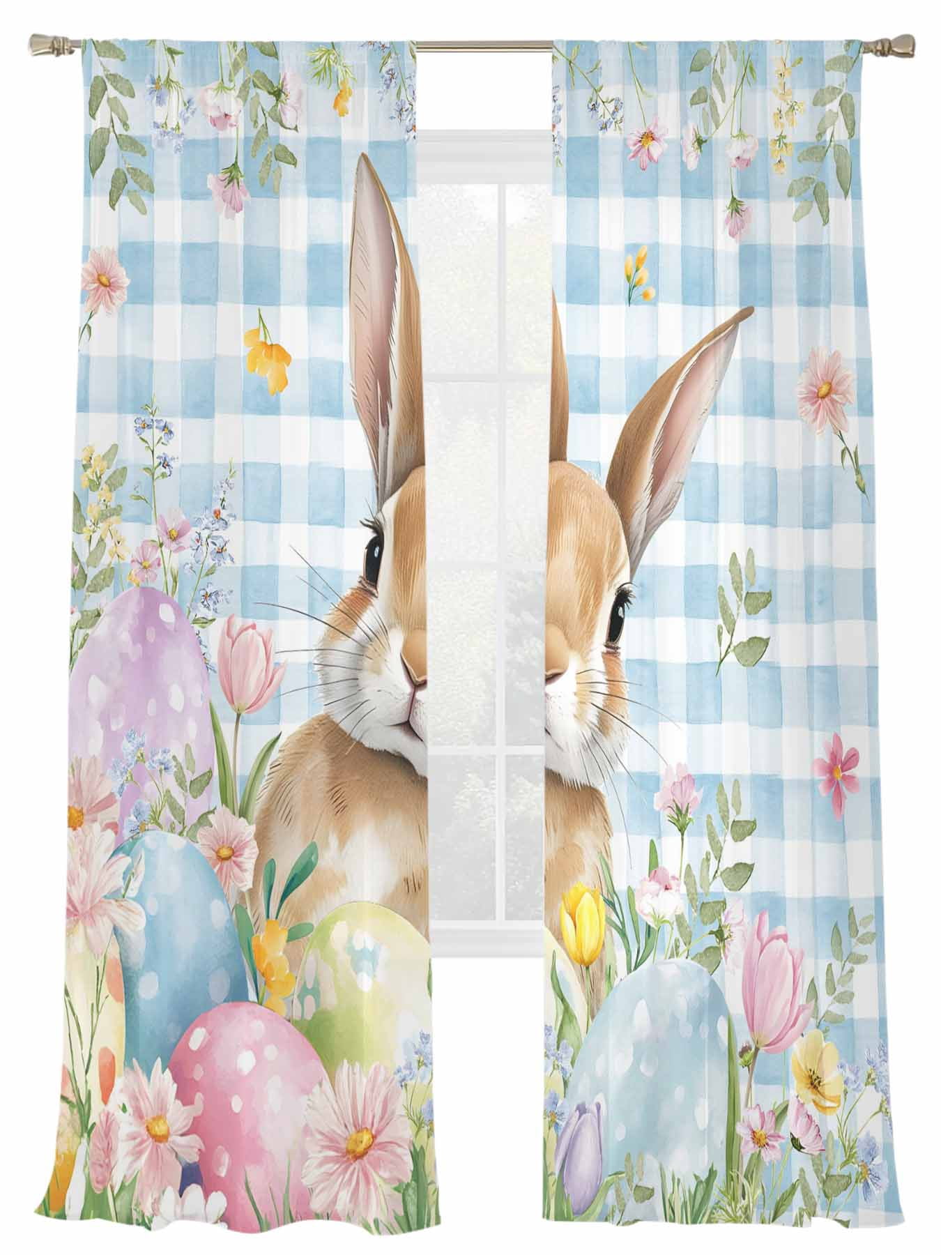 Easter Rabbit Sheer Curtains 2 Panels Set Spring Floral Colored Eggs ...