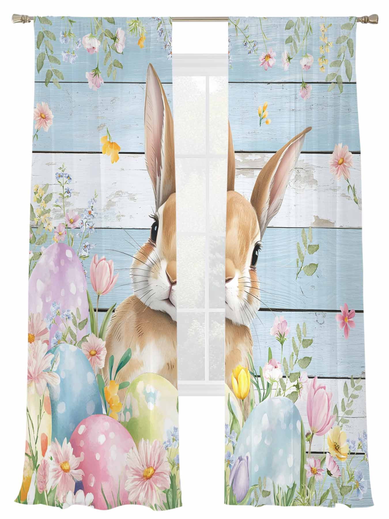 Easter Rabbit Sheer Curtains 2 Panels Set Spring Floral Colored Eggs ...