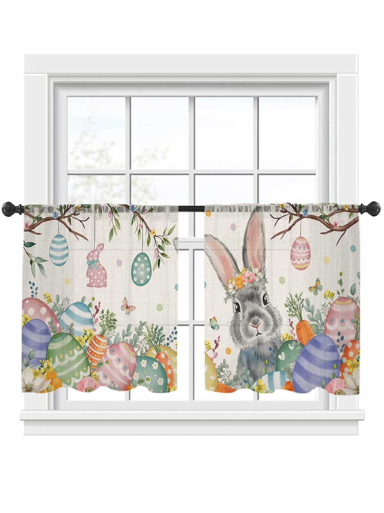 Easter Rabbit Sheer Curtains 2 Panels Set Spring Floral Eggs Branches ...