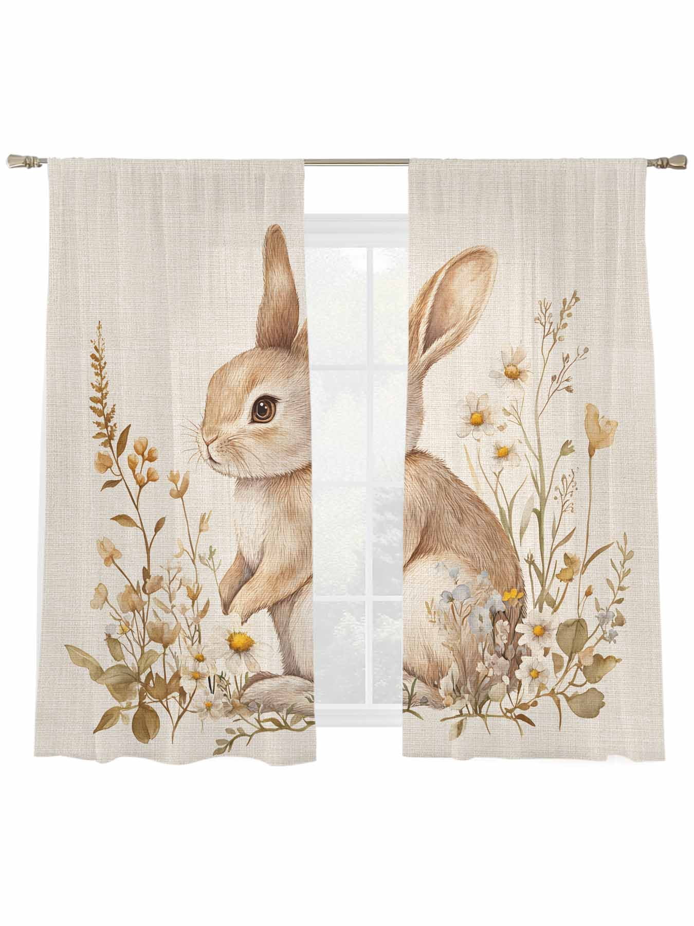 Easter Rabbit Sheer Curtains 2 Panels Set Spring Floral Sheer Window ...