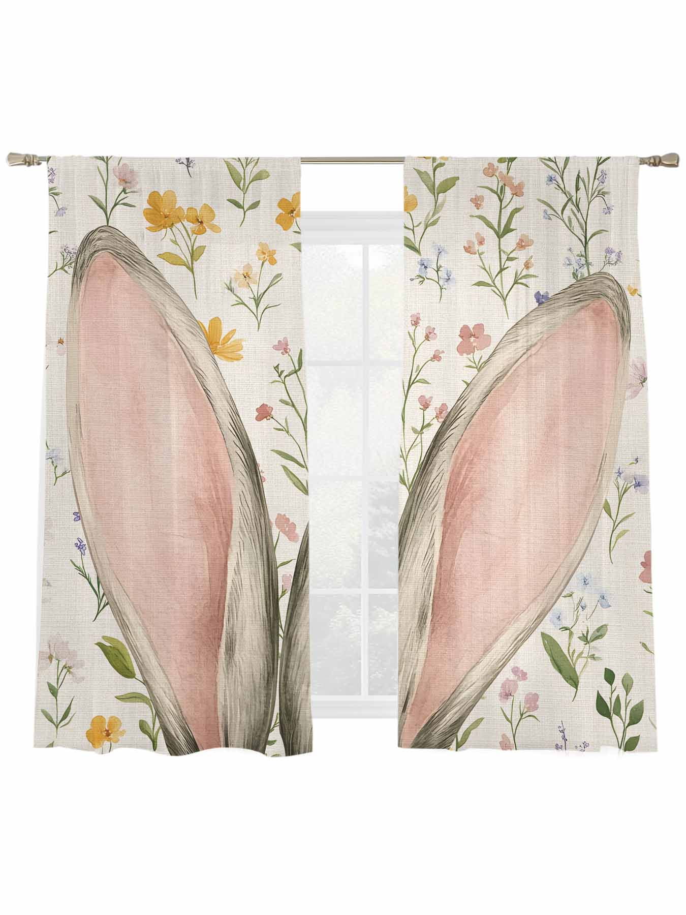 Easter Rabbit Sheer Curtains 2 Panels Set Spring Flower Pink Ears Linen ...