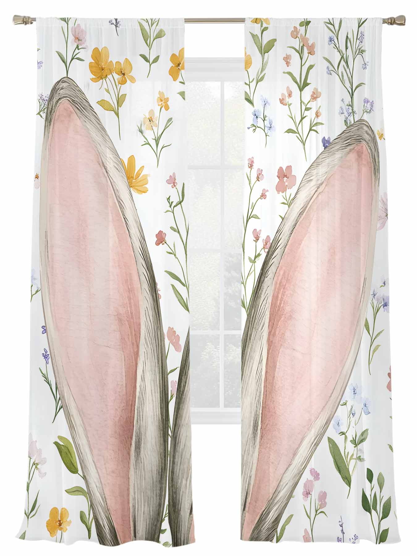 Easter Rabbit Sheer Curtains 2 Panels Set Spring Flowers Pink Ears ...