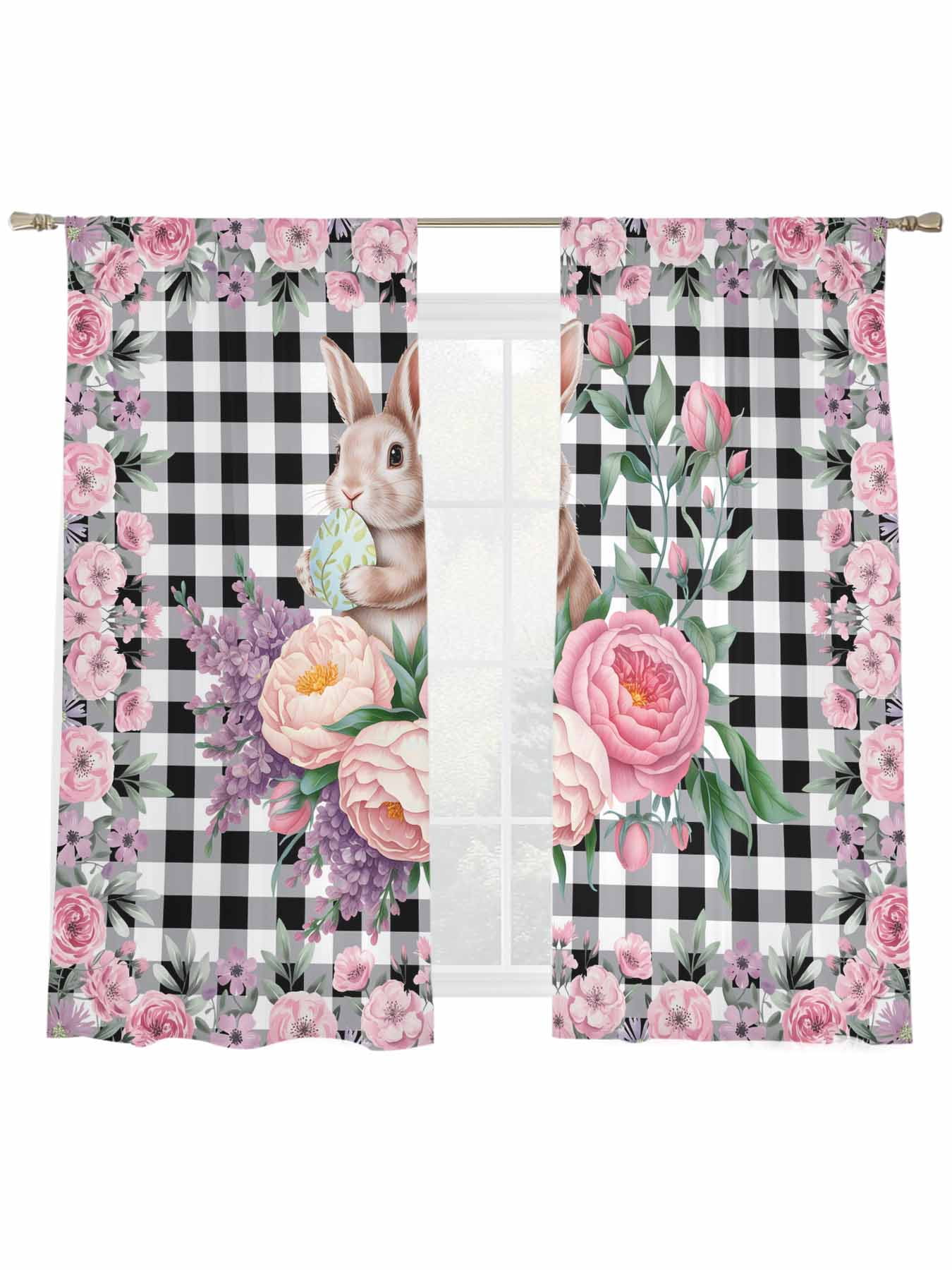 Easter Rabbit Sheer Curtains 2 Panels Set Spring Pink Purple Floral ...