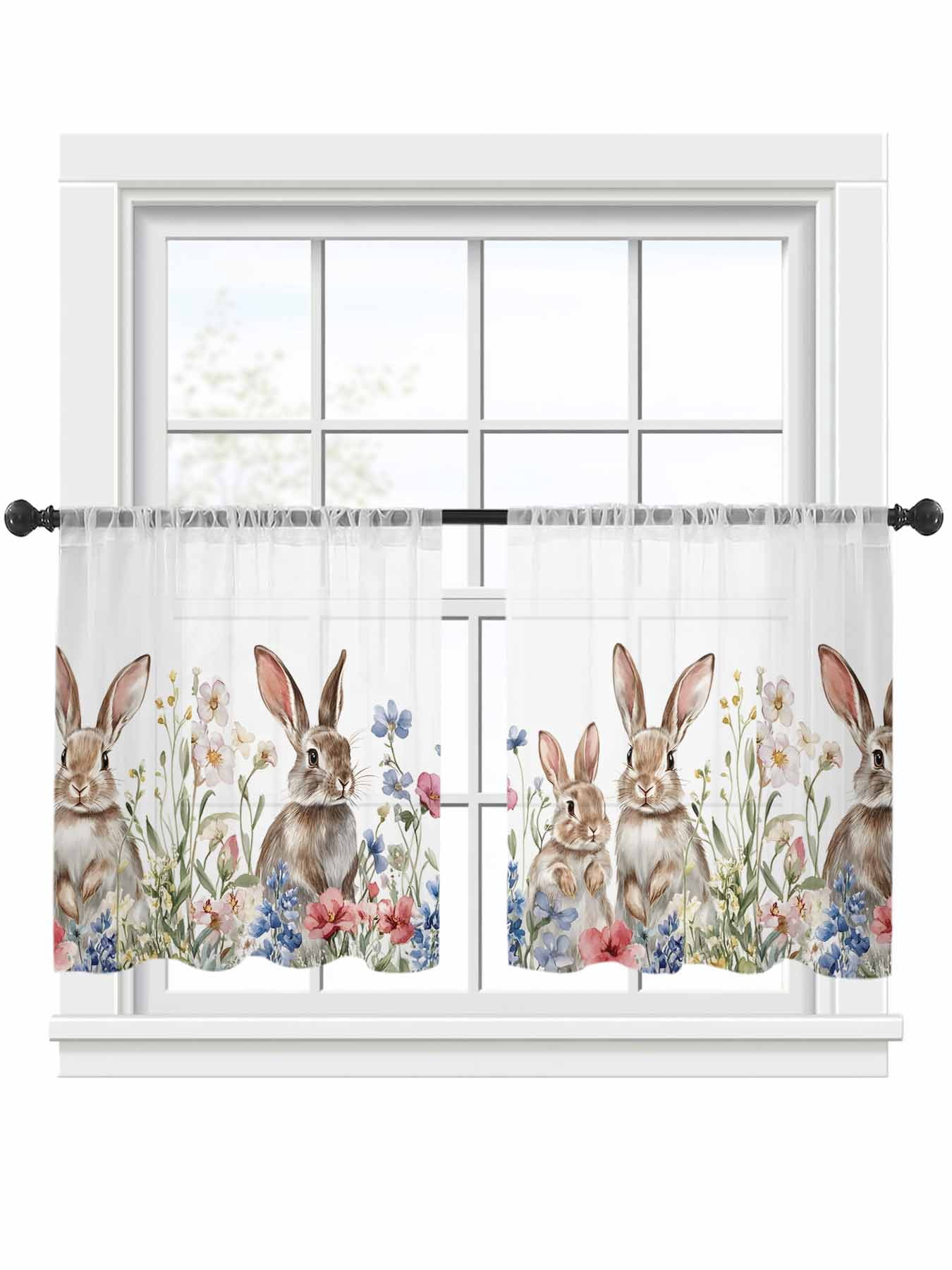 Easter Rabbit Sheer Curtains 2 Panels Set Watercolor Brown Bunny Spring ...