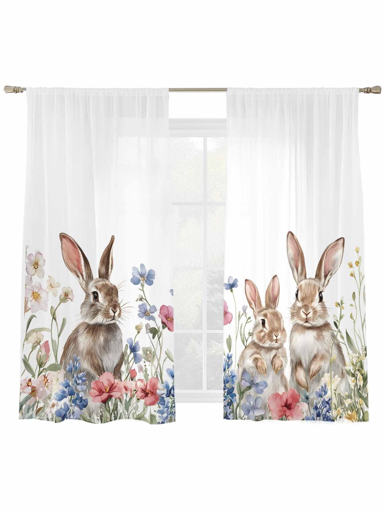 Easter Rabbit Sheer Curtains 2 Panels Set Watercolor Brown Bunny Spring ...