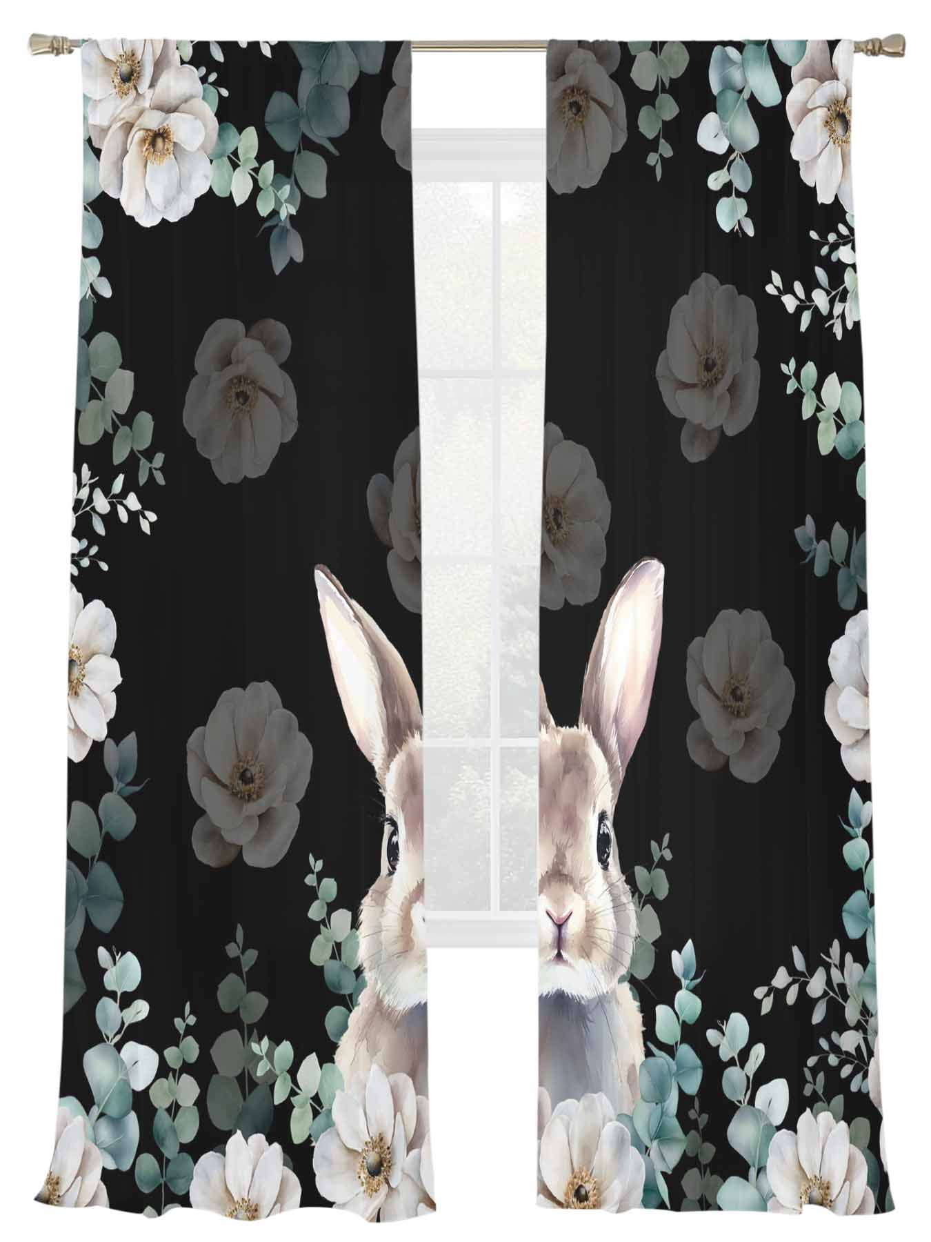 Easter Rabbit Sheer Curtains 2 Panels Set Watercolor Bunny White Floral ...