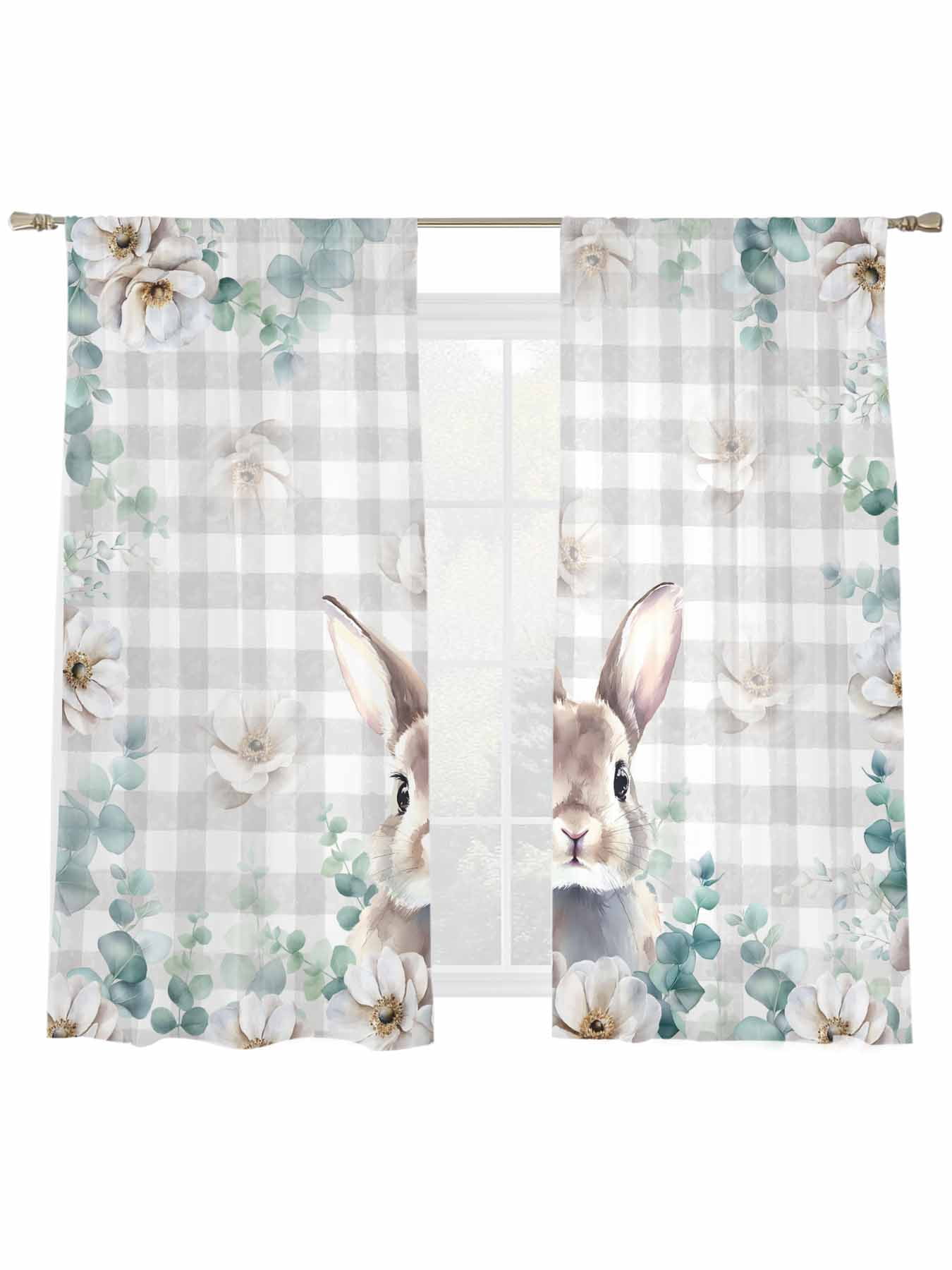 Easter Rabbit Sheer Curtains 2 Panels Set Watercolor Bunny White Floral ...