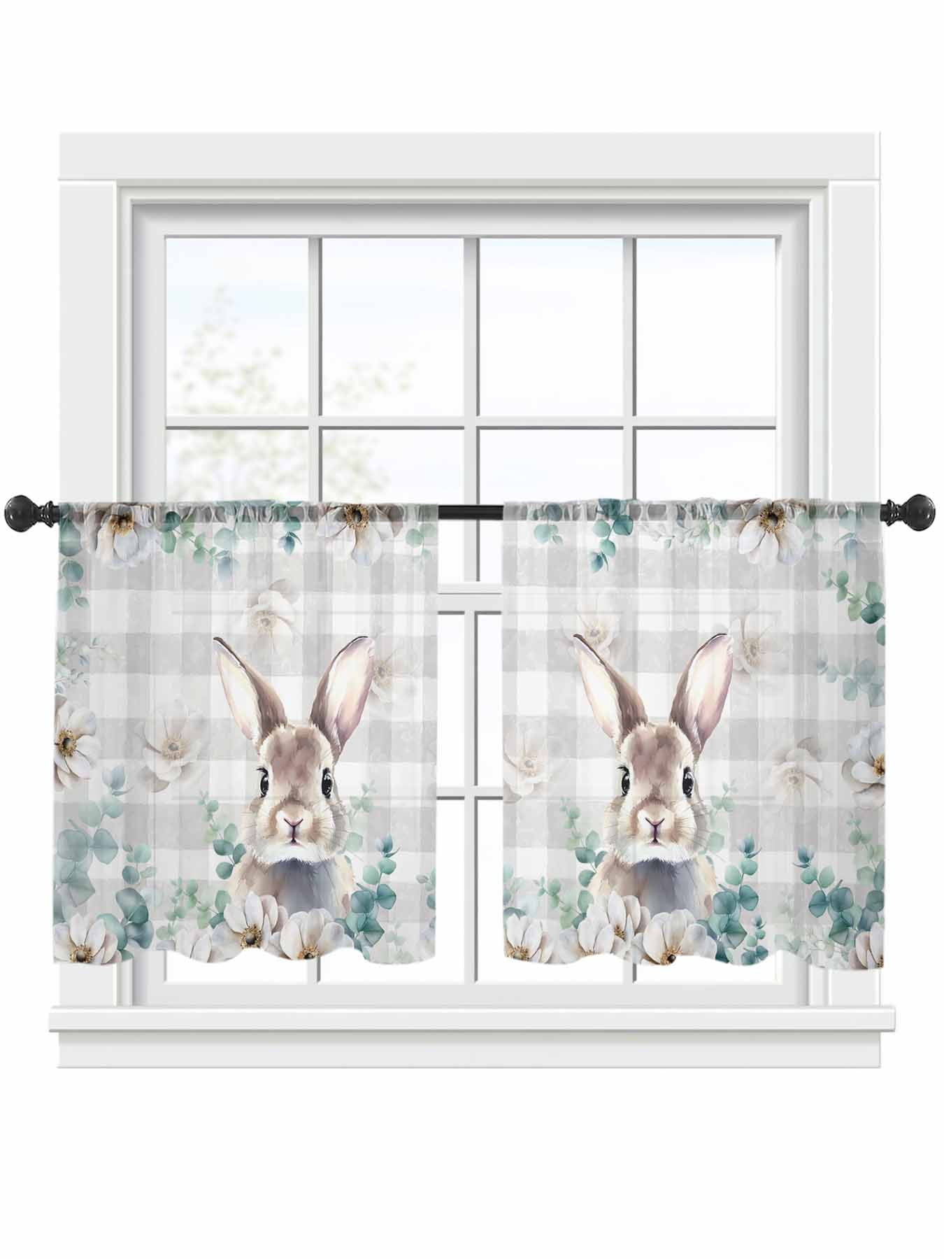 Easter Rabbit Sheer Curtains 2 Panels Set Watercolor Bunny White Floral ...