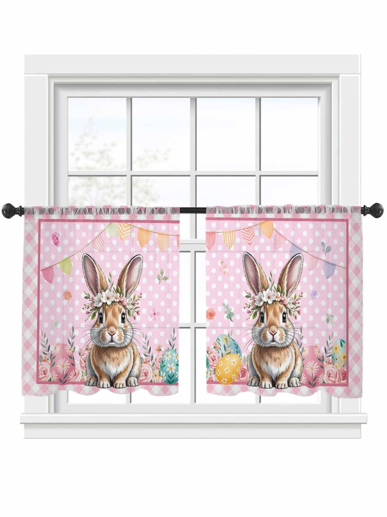 Easter Rabbit Sheer Curtains 2 Panels Set Watercolor Floral Bunny Eggs ...