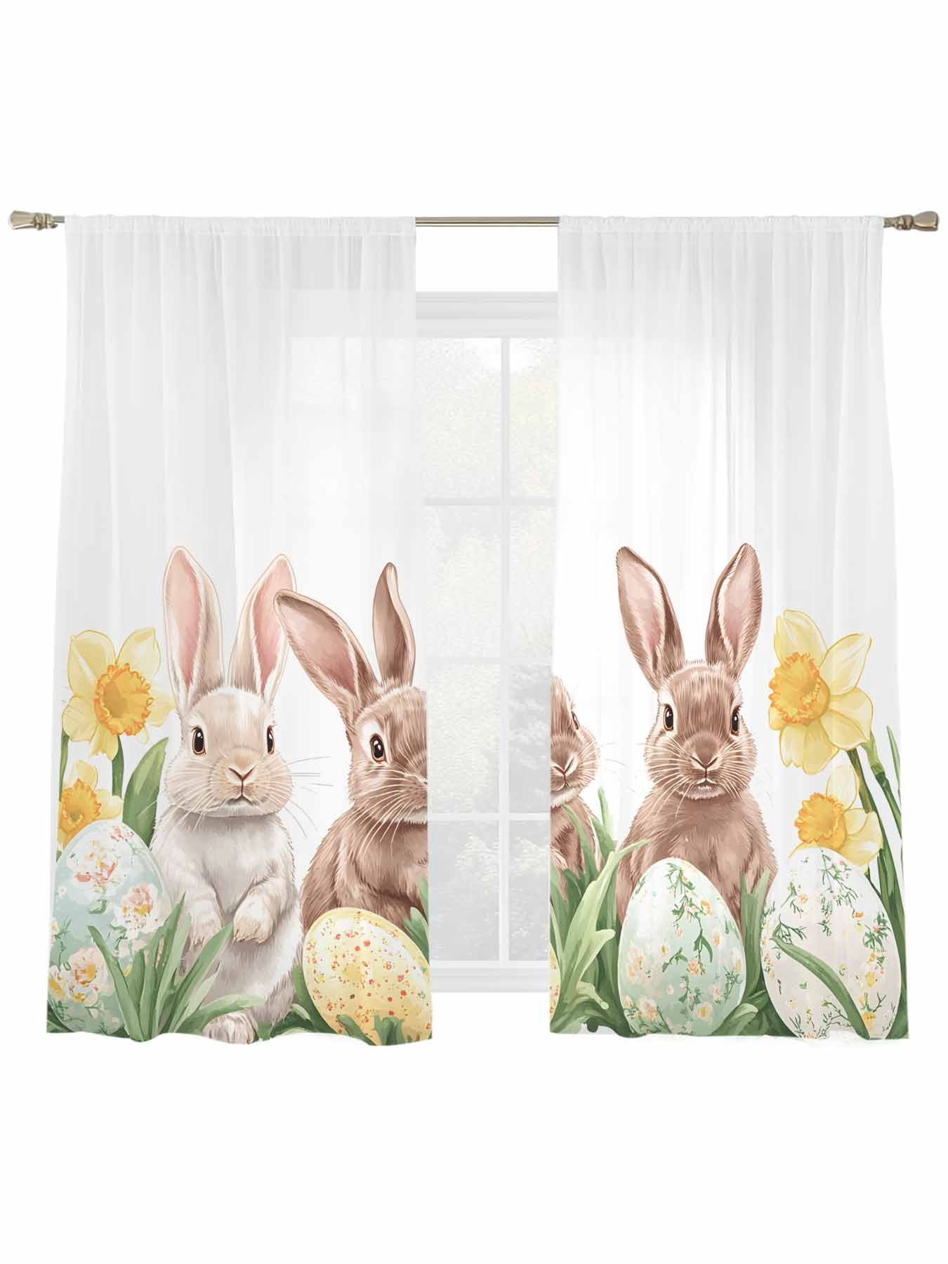 Easter Rabbit Sheer Curtains 2 Panels Set Watercolor Green Yellow Eggs ...