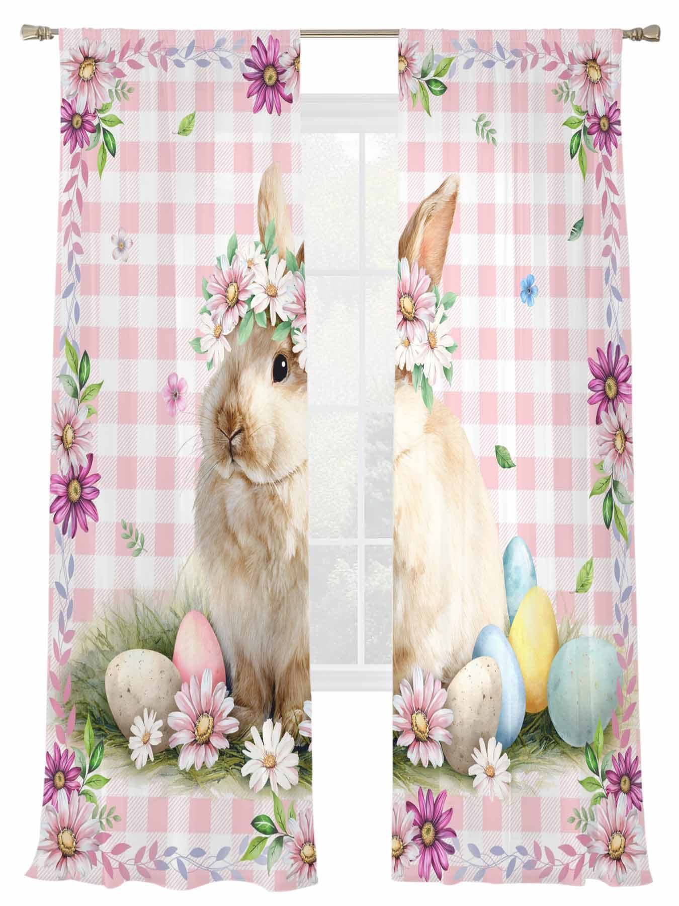 Easter Rabbit Sheer Curtains 2 Panels Set Watercolor Spring Bunny Eggs ...
