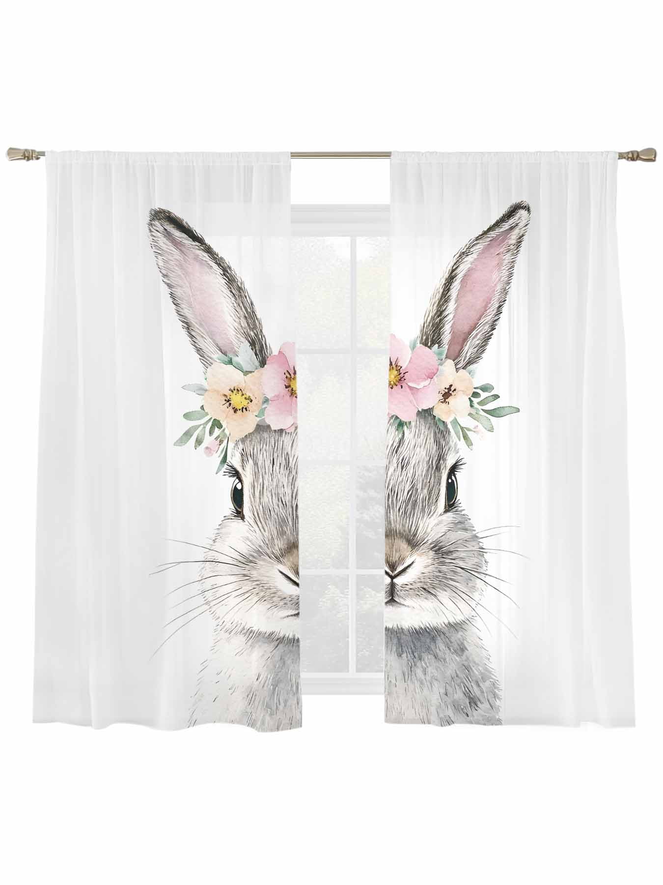 Easter Rabbit Sheer Curtains 2 Panels Set Watercolor Spring Pink Yellow ...