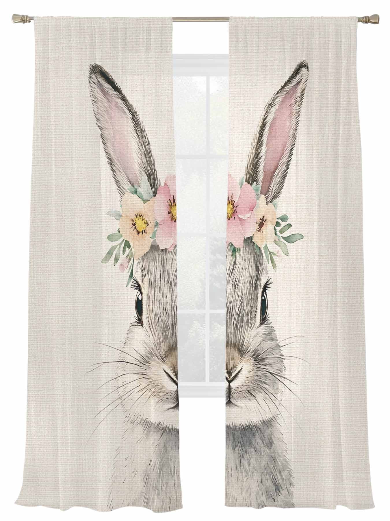 Easter Rabbit Sheer Curtains 2 Panels Set Watercolor Spring Pink Yellow ...