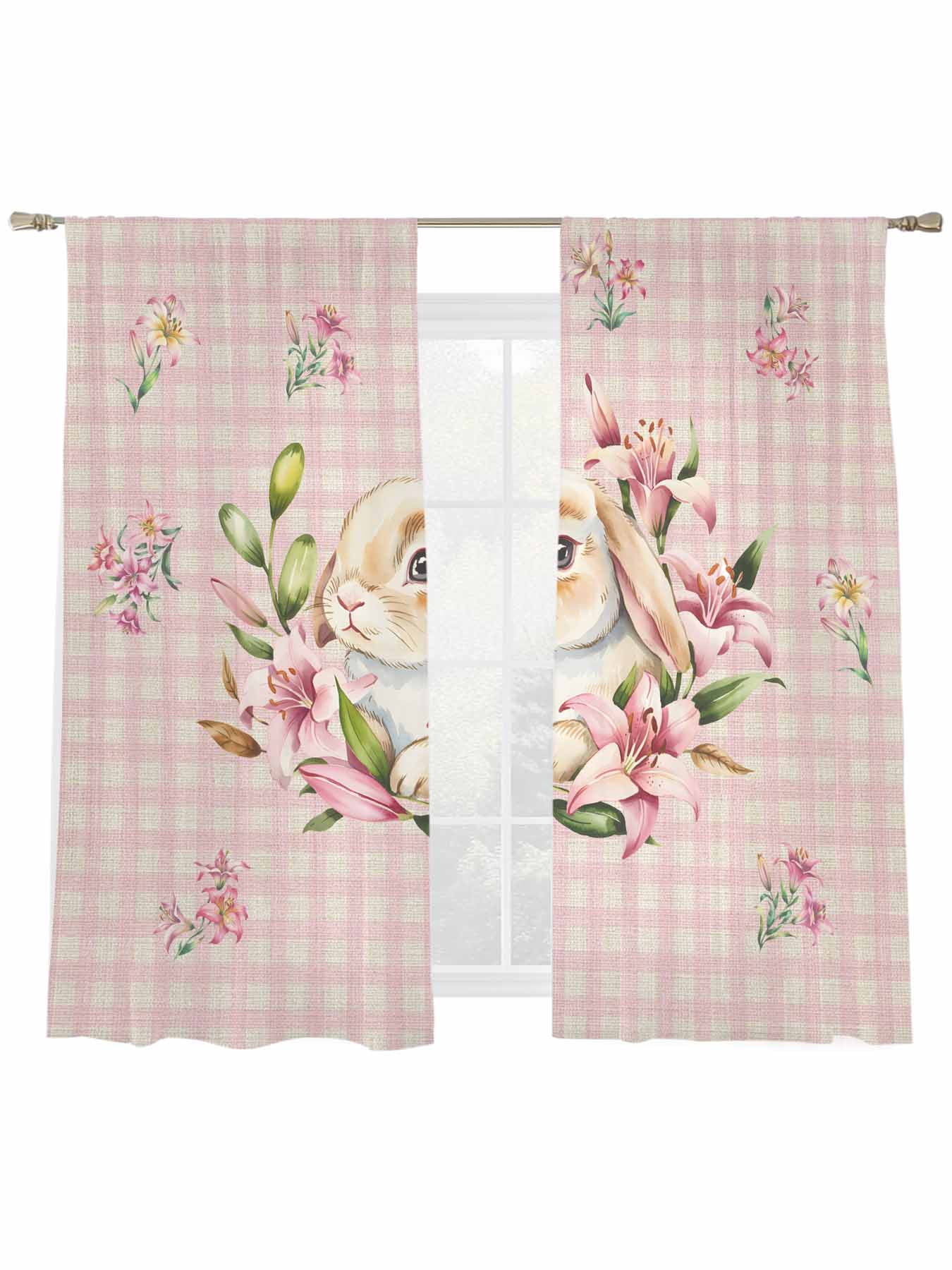 Easter Rabbit Sheer Curtains 63 Inch Long 2 Panels, Vintage Spring Pink ...