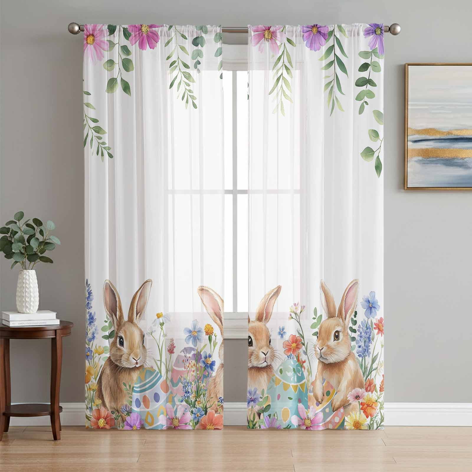 Easter Rabbit Sheer Curtains 72 Inch Length 2 Panels Set, Spring Flower ...