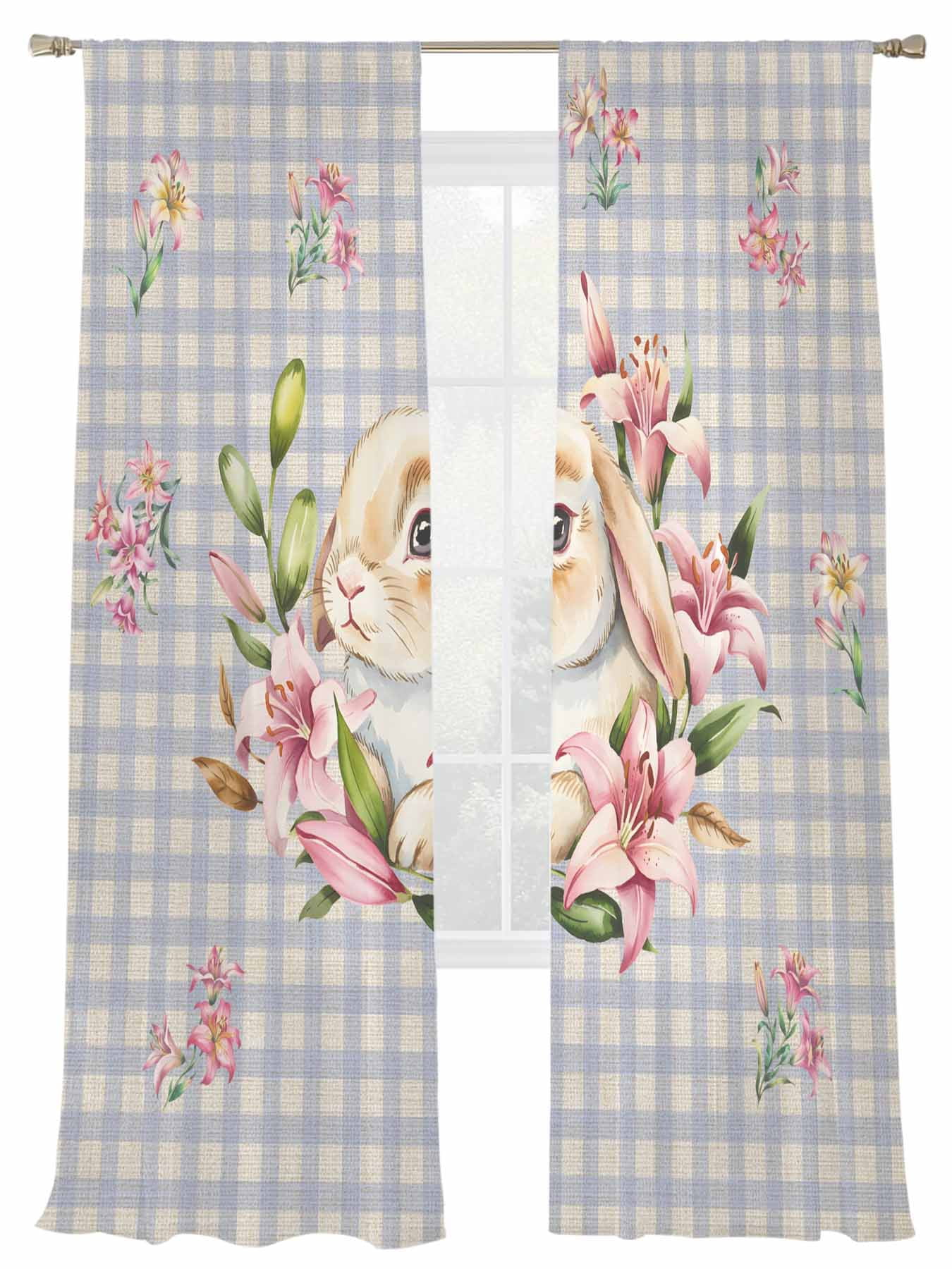 Easter Rabbit Sheer Curtains 84 Inch Long 2 Panels, Vintage Spring Pink ...
