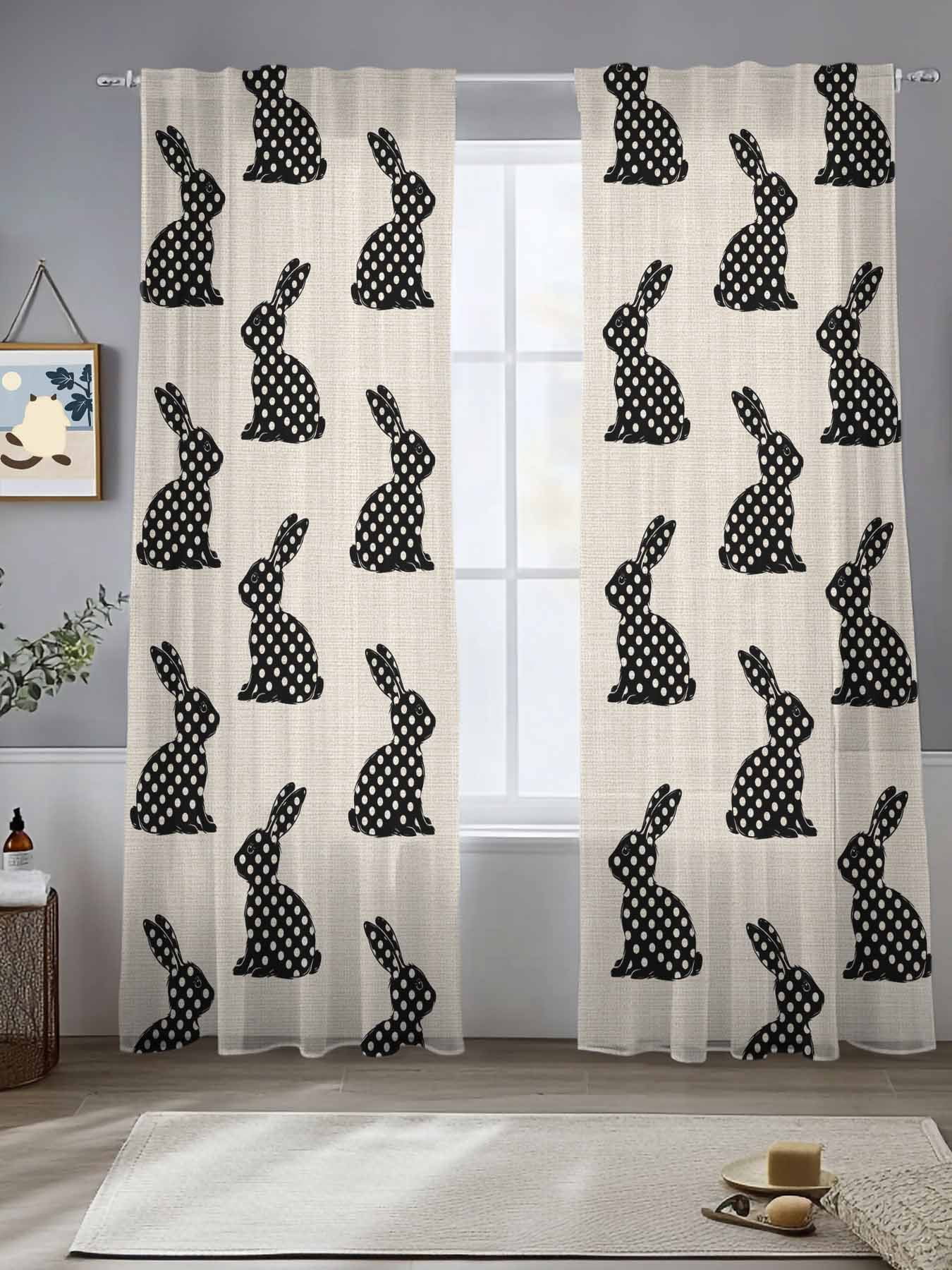 Easter Rabbit Sheer Curtains for Living Room Bedroom Black Pots Bunny ...