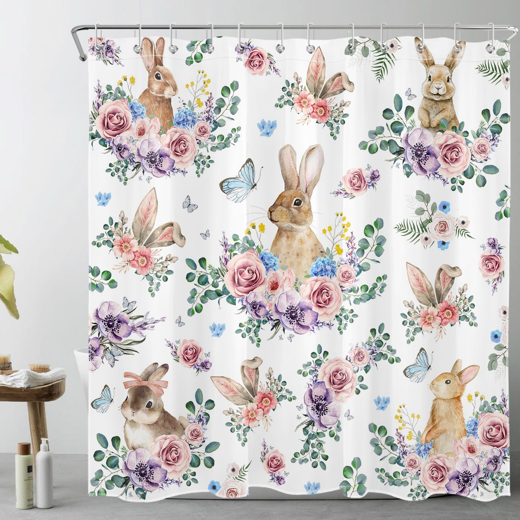 Easter Rabbit Shower Curtain for Bathroom,Colorful Floral with ...