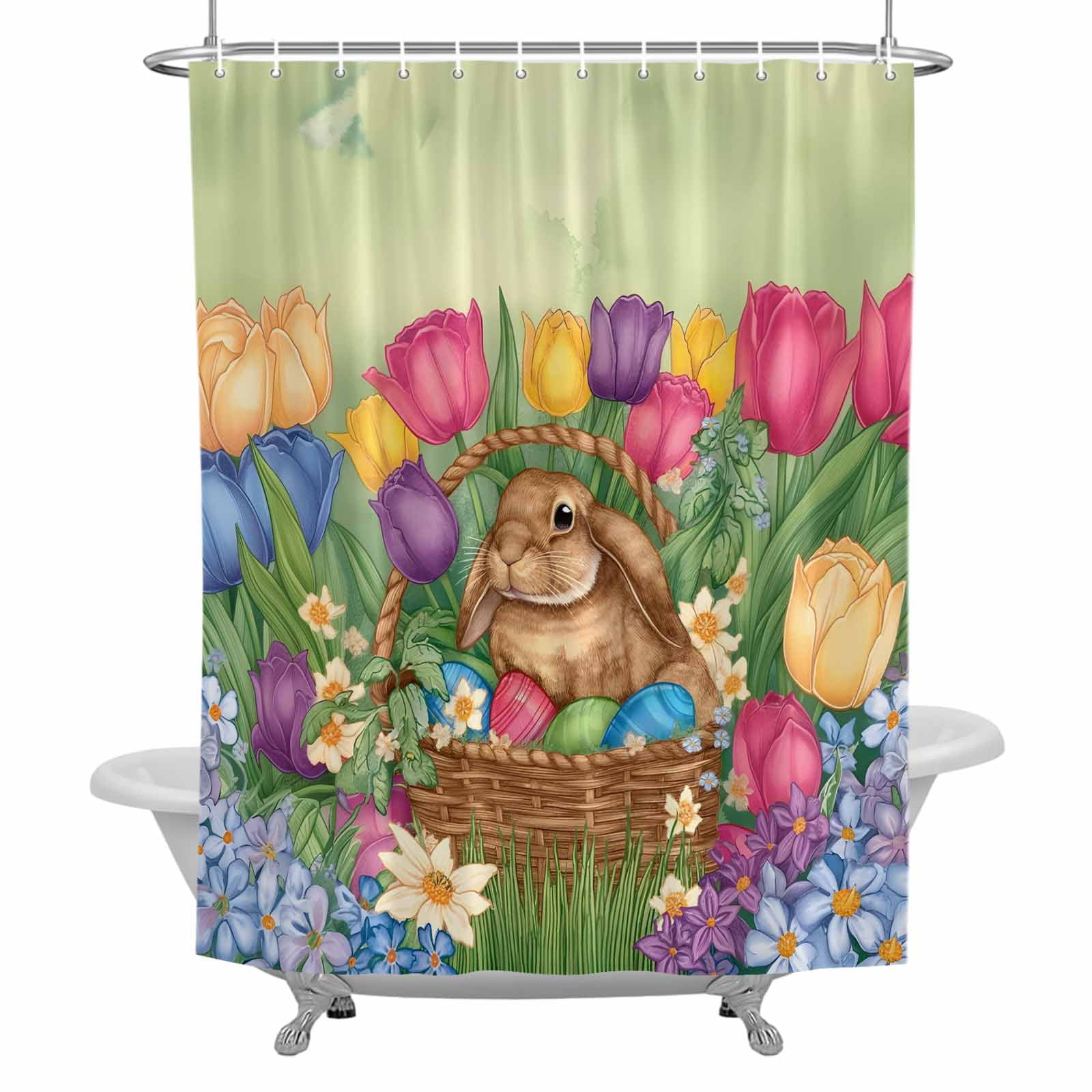 Easter Rabbit Shower Curtain for Bathroom, Spring Eggs Basket Colorful ...