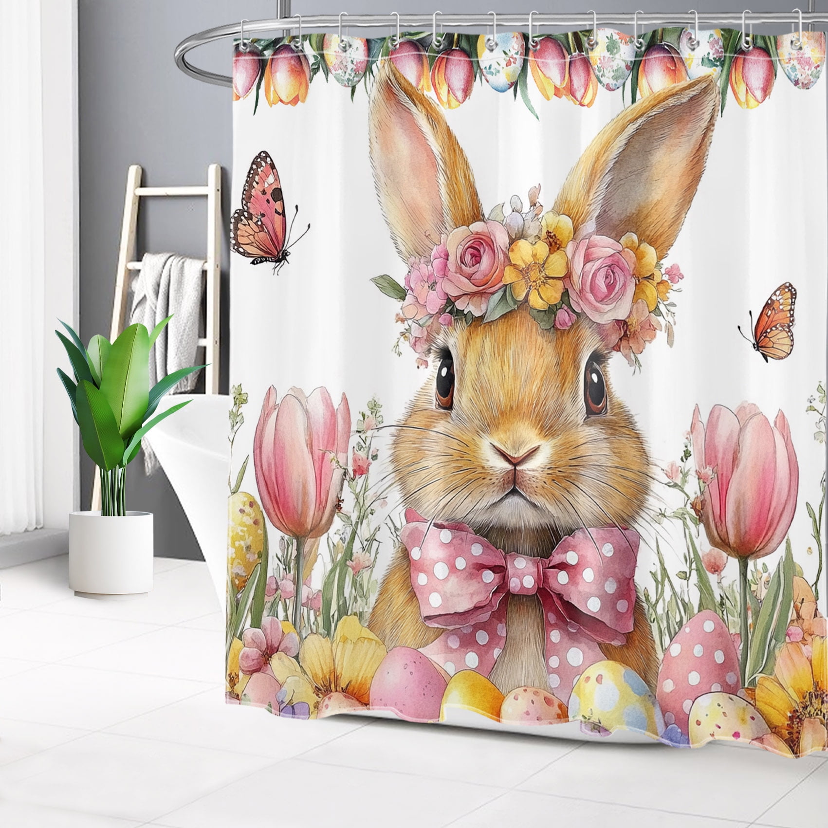 Easter Rabbit Shower Curtain Cute Bunny with Garland Bow and Eggs ...