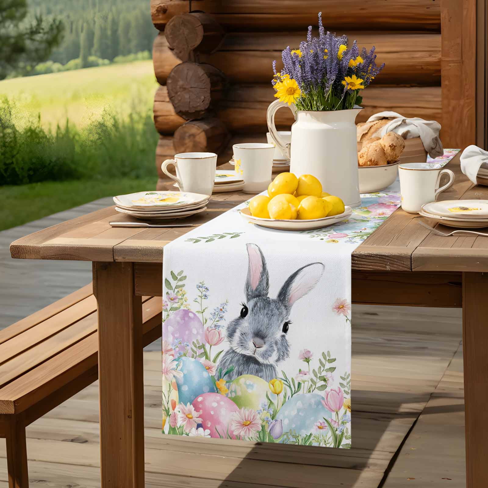 Easter Rabbit Spring Flower Leaf Table Runner 13x72in Non-Slip Cotton ...