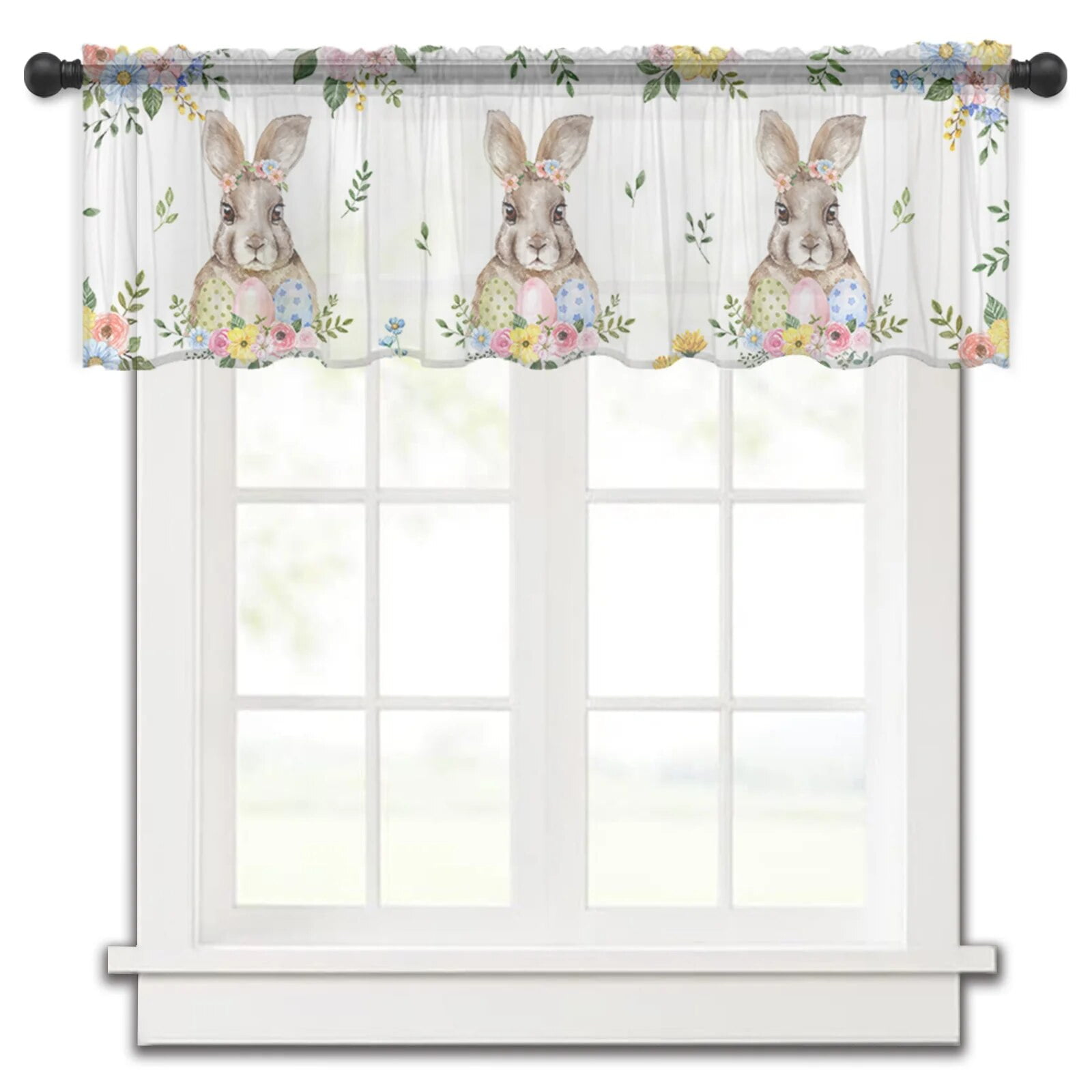 Easter Rabbit Spring Wild Flowers Short Tulle Curtains Bedroom Voile ...