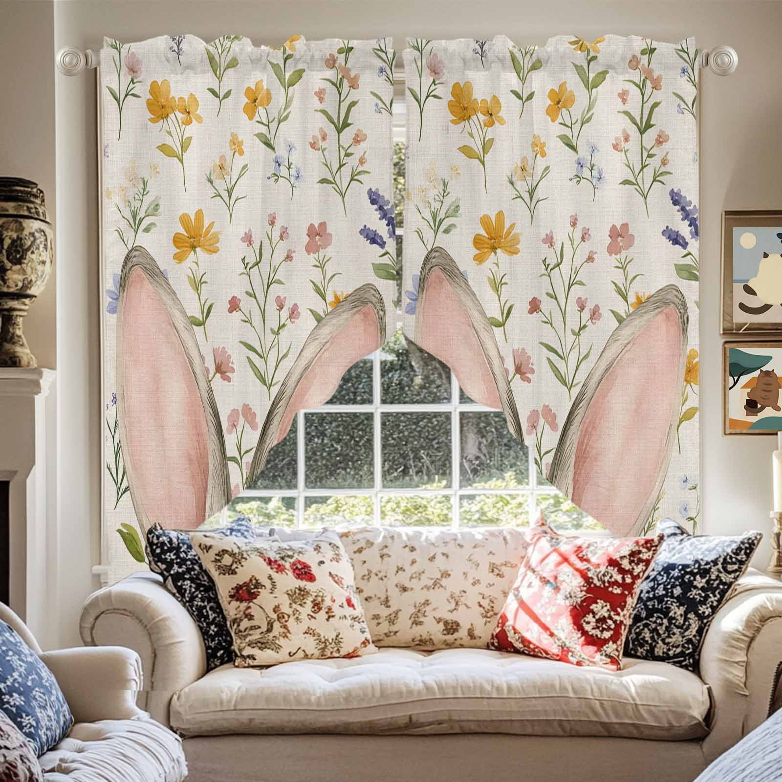 Easter Rabbit Swag Curtain Valance for Windows, Spring Flower Pink Ears ...