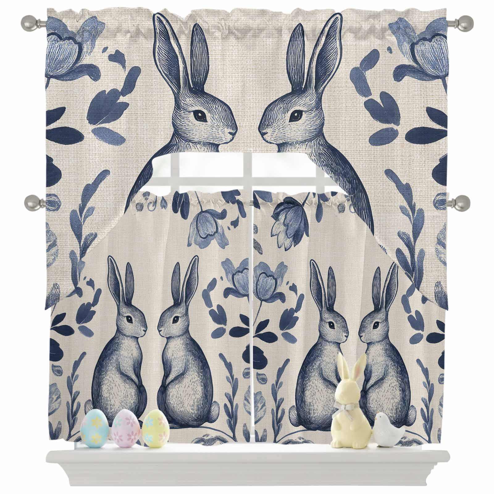 Easter Rabbit Swag Curtains Valance & Tier Set, Blue Bunny Watercolor ...