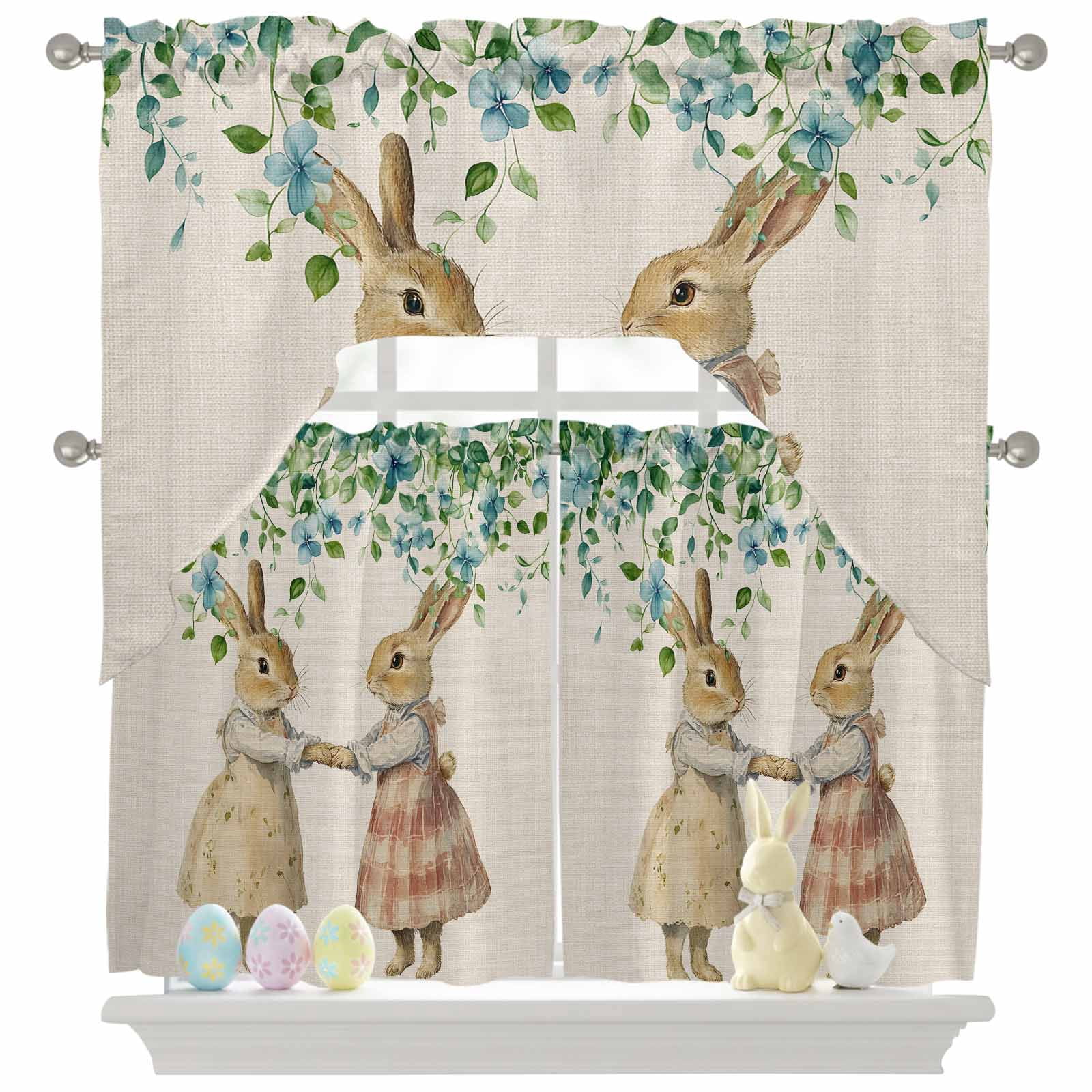 Easter Rabbit Swag Curtains Valance & Tier Set, Blue Flower Leaf 3 Pcs ...