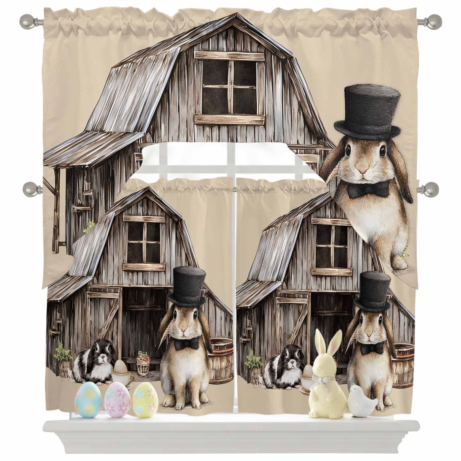 Easter Rabbit Swag Curtains Valance & Tier Set, Farmhouse Black Hat ...