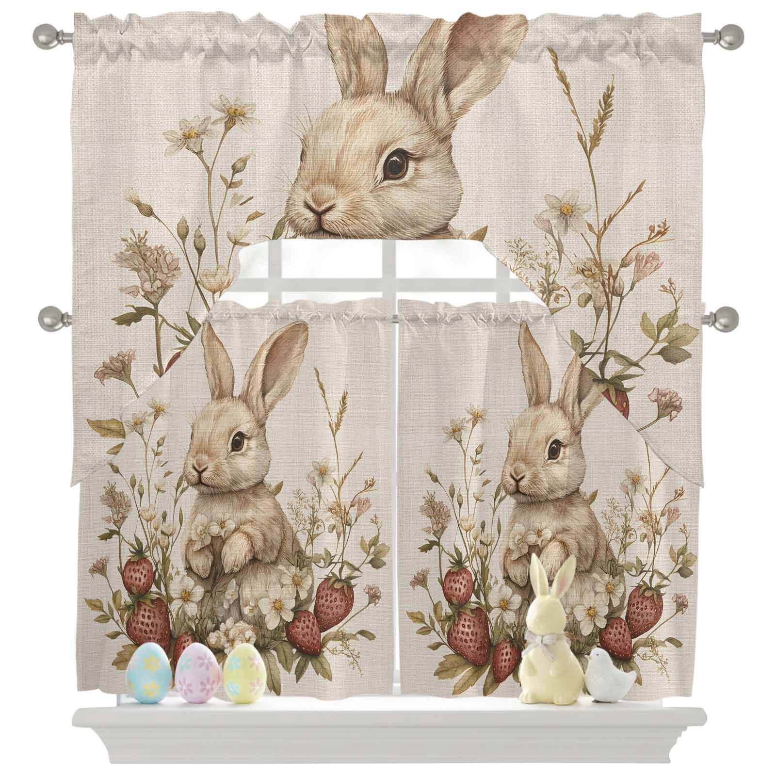 Easter Rabbit Swag Curtains Valance & Tier Set, Floral Strawberry 3 Pcs ...