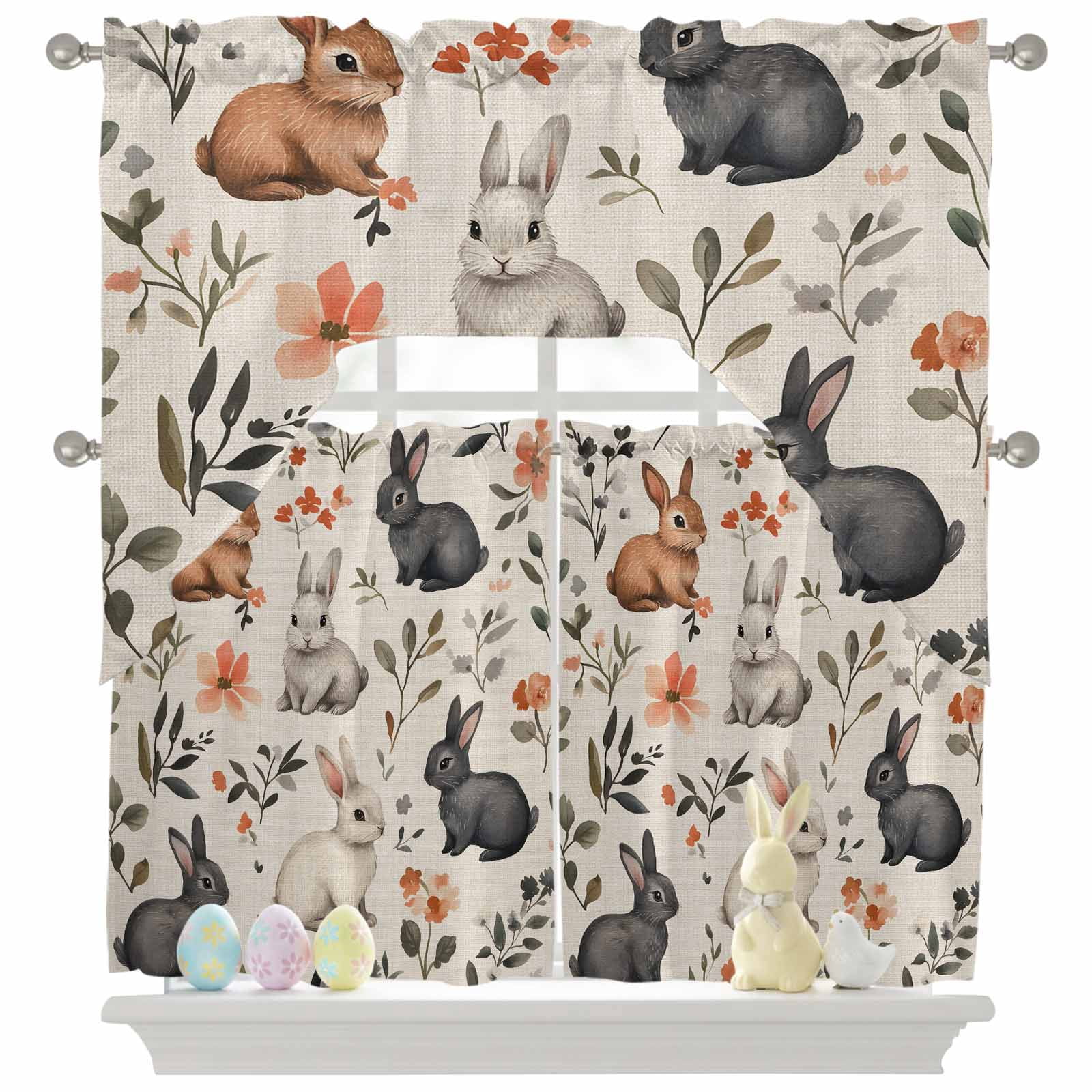 Easter Rabbit Swag Curtains Valance & Tier Set, Leaf Red Floral 3 Pcs ...