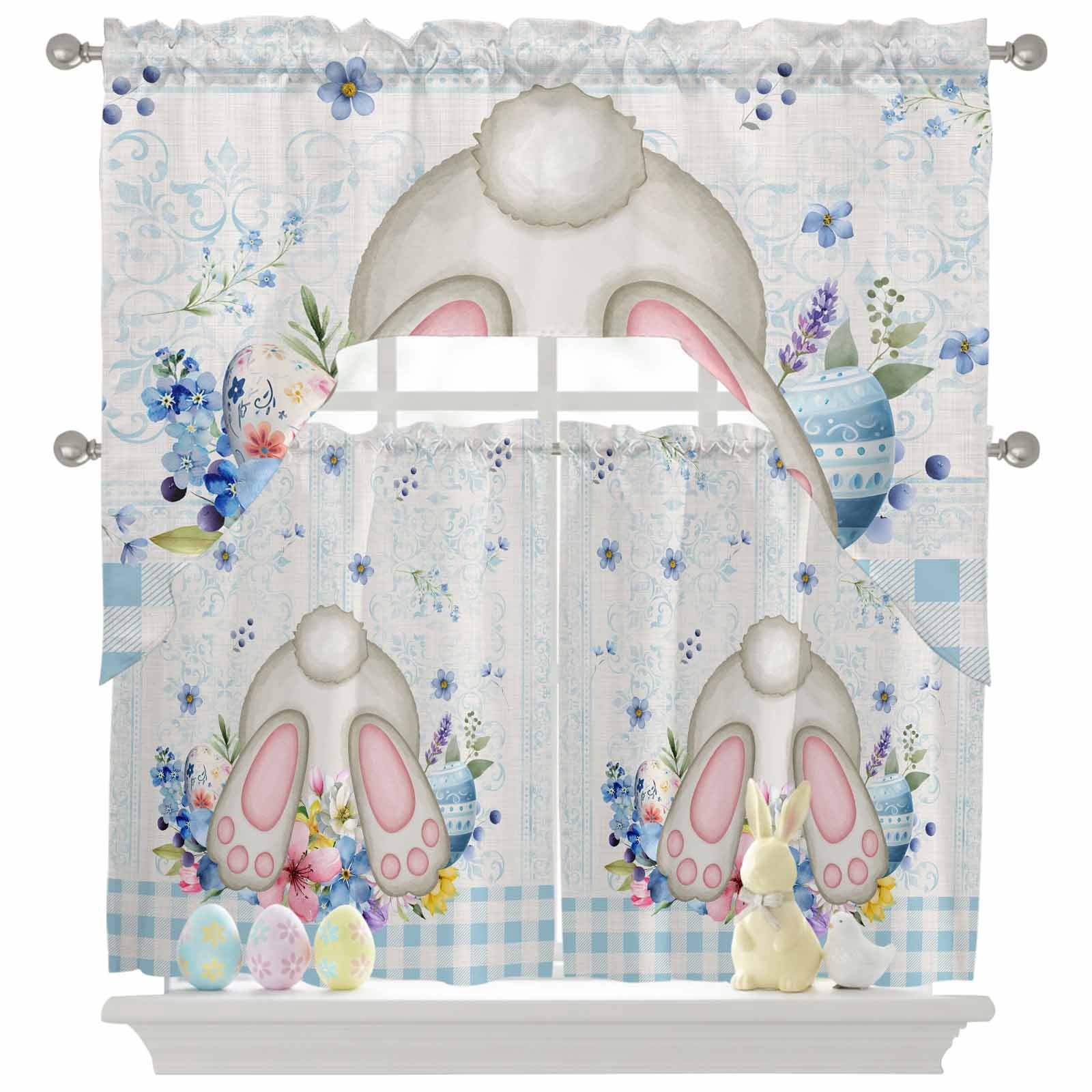 Easter Rabbit Swag Curtains Valance & Tier Set, Pink Blue Flower Egg ...