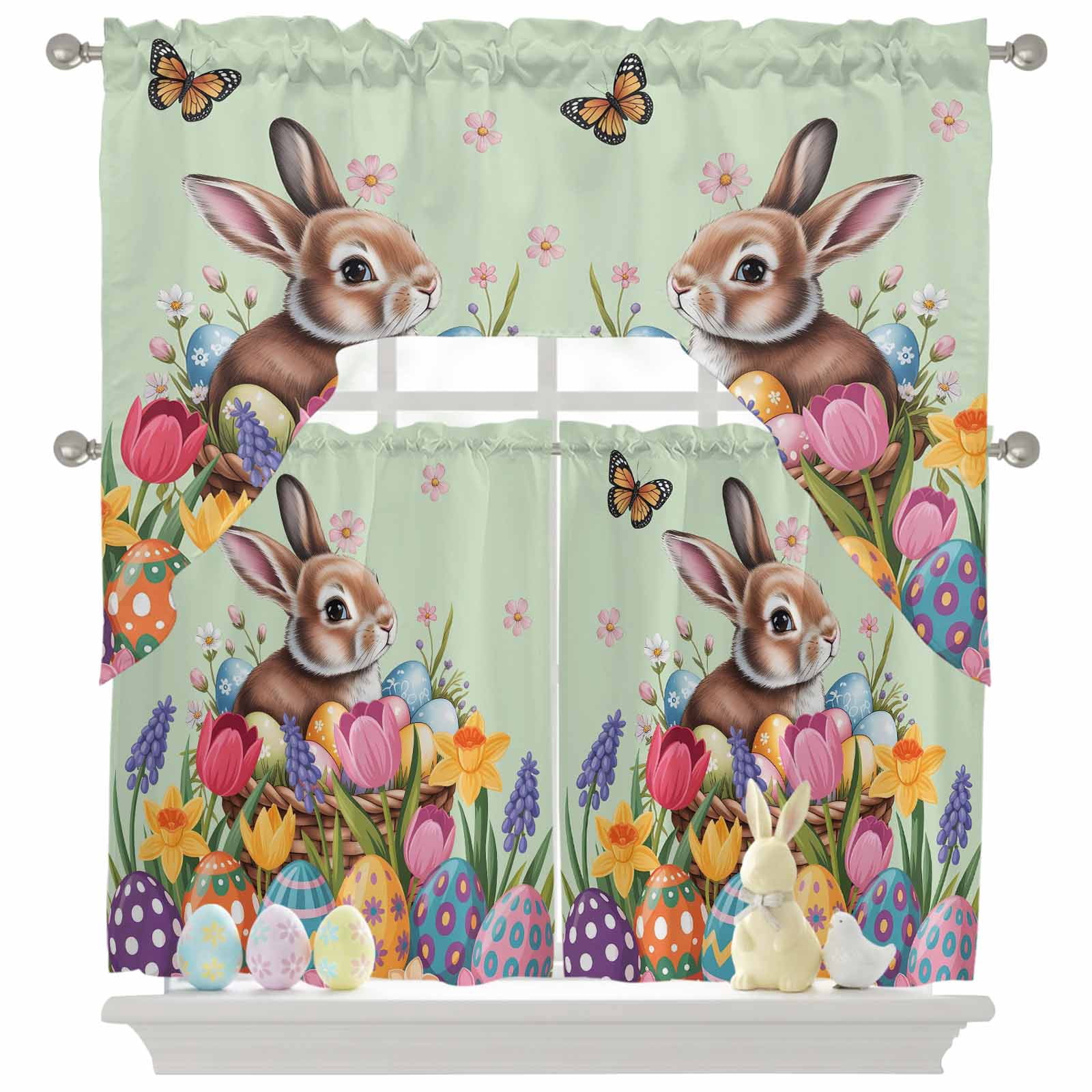 Easter Rabbit Swag Curtains Valance & Tier Set, Spring Basket Eggs ...